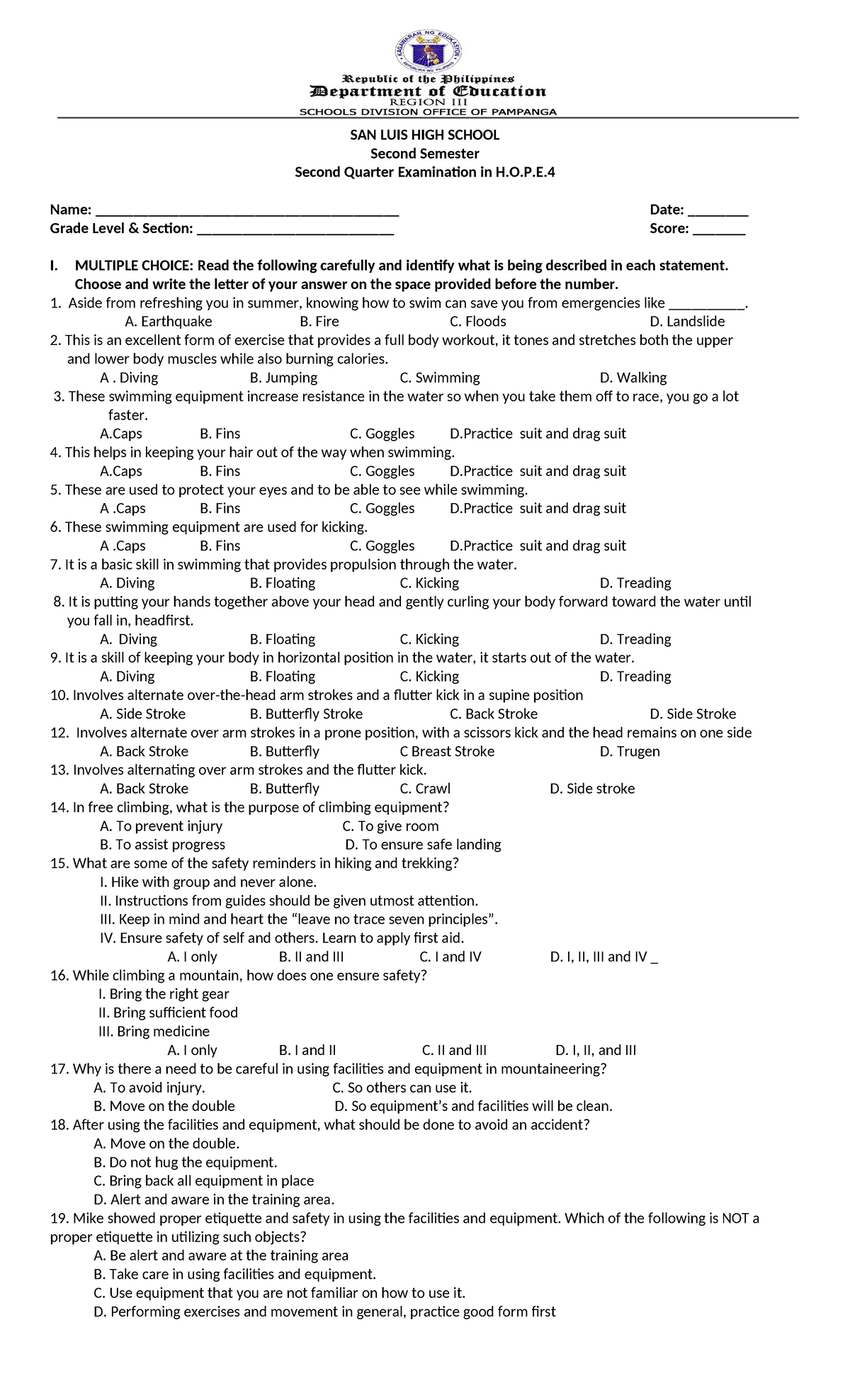 PE Exam 2024 2025 - This is a sample Summative Test in P.E in Dance ...