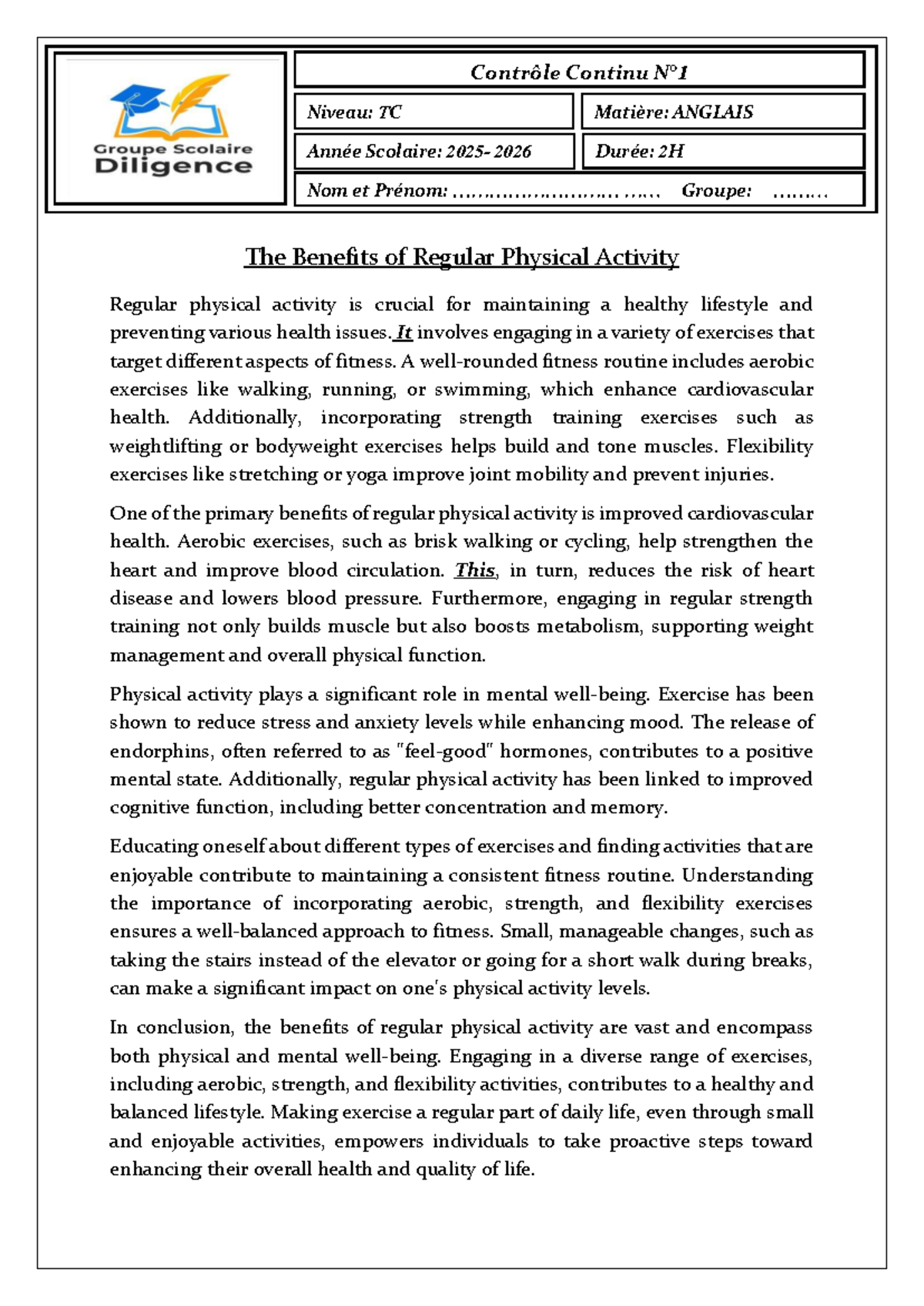 TC - Benefits of Regular Physical Activity: Comprehension & Writing ...