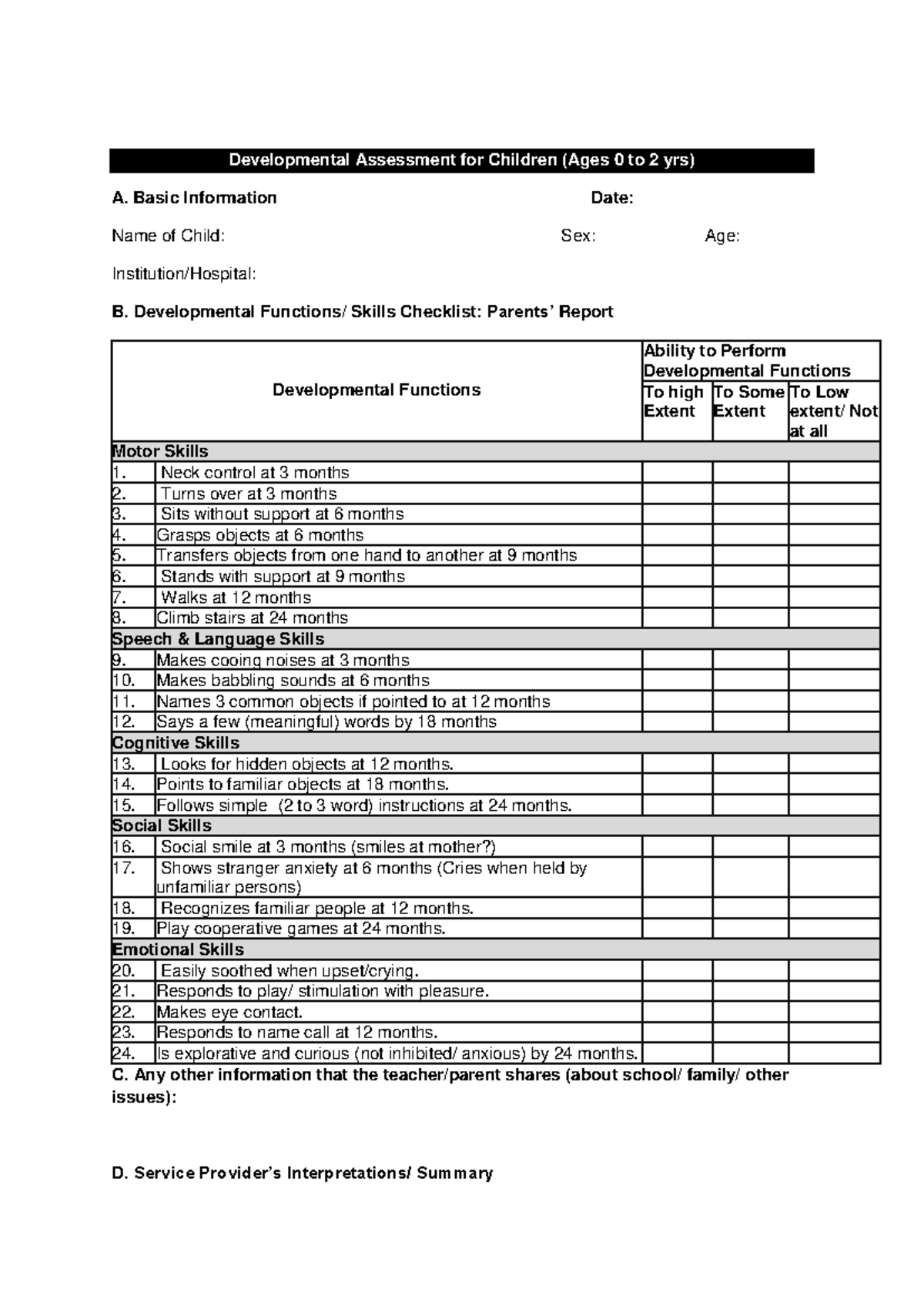 Child Development Screening 0 to 2 yrs - Developmental Assessment for ...