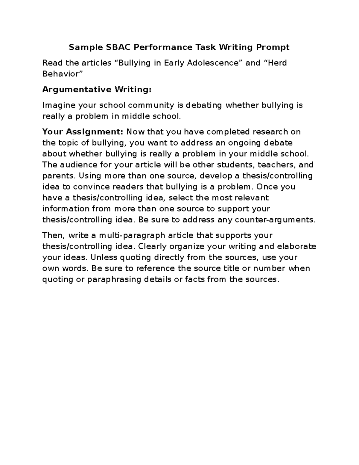 SBAC Performance Task: Argumentative Writing on Bullying Issues - Studocu