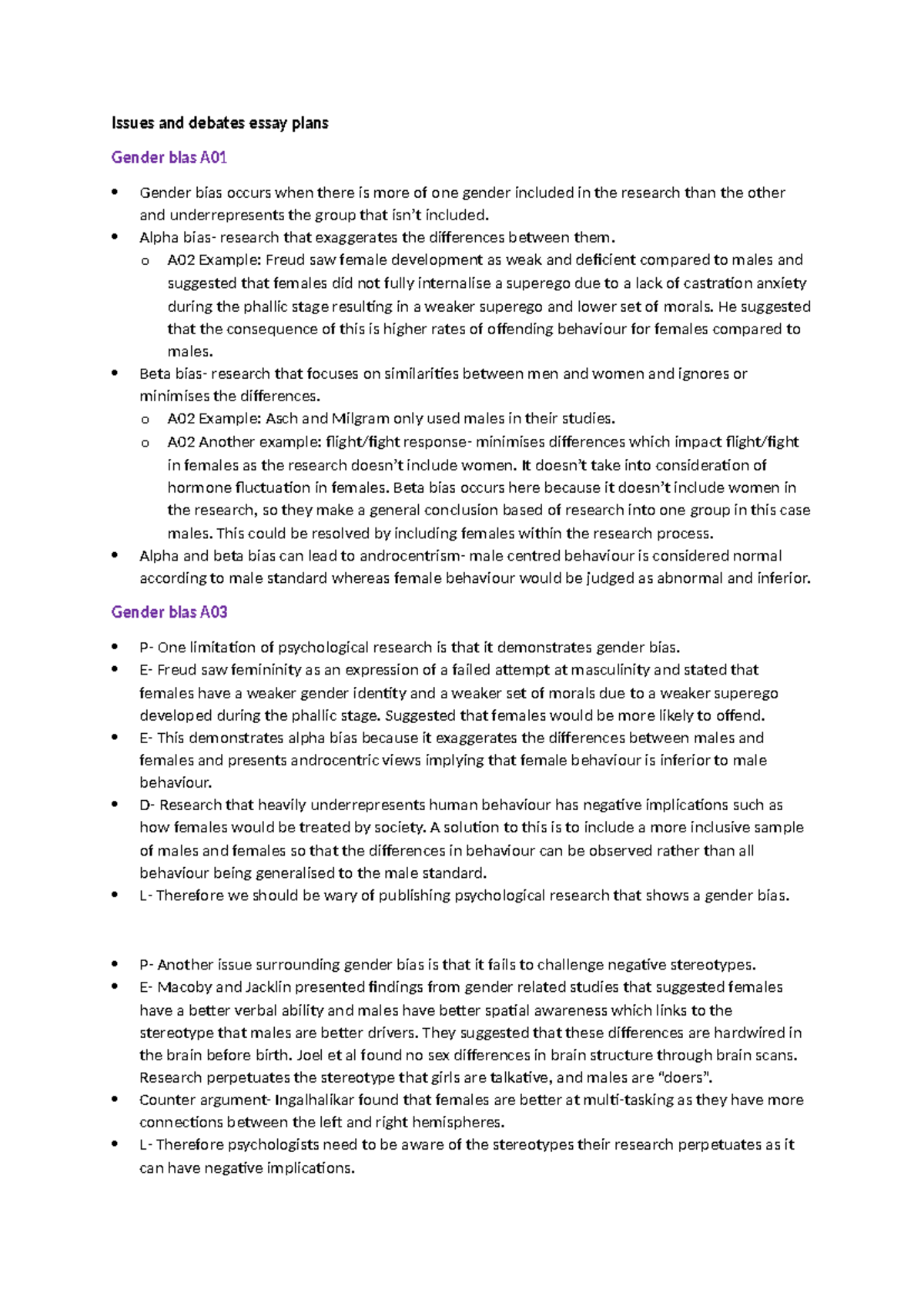 Issues and Debates in Psychology: Essay Plans on Gender Bias and More ...