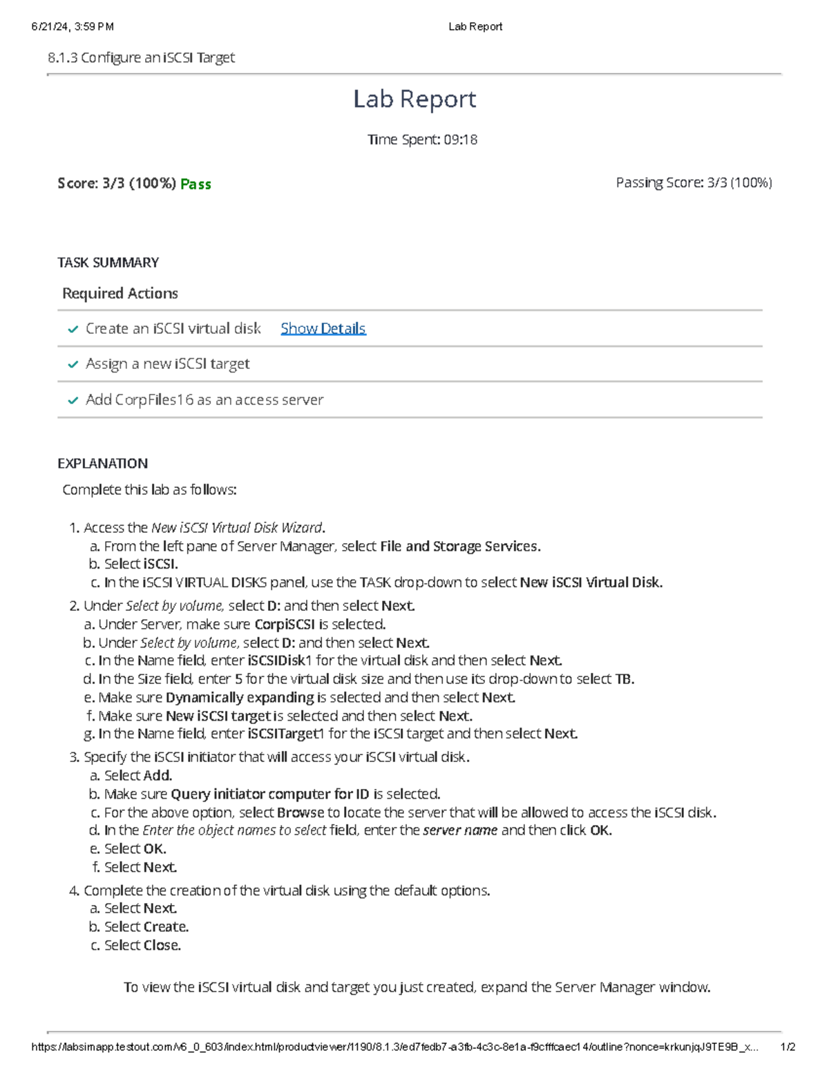 CompTIA Lab Report: Configuring an iSCSI Target - 8.1.3 - Studocu