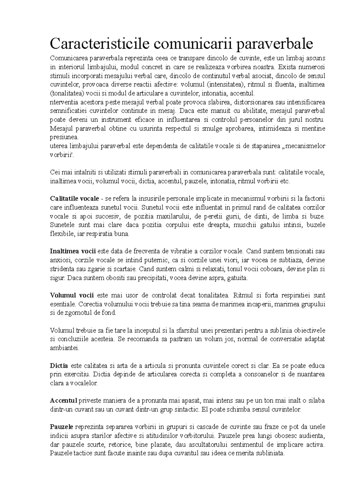 Comunicarea Paraverbală: Caracteristici și Elemente Importante - Studocu