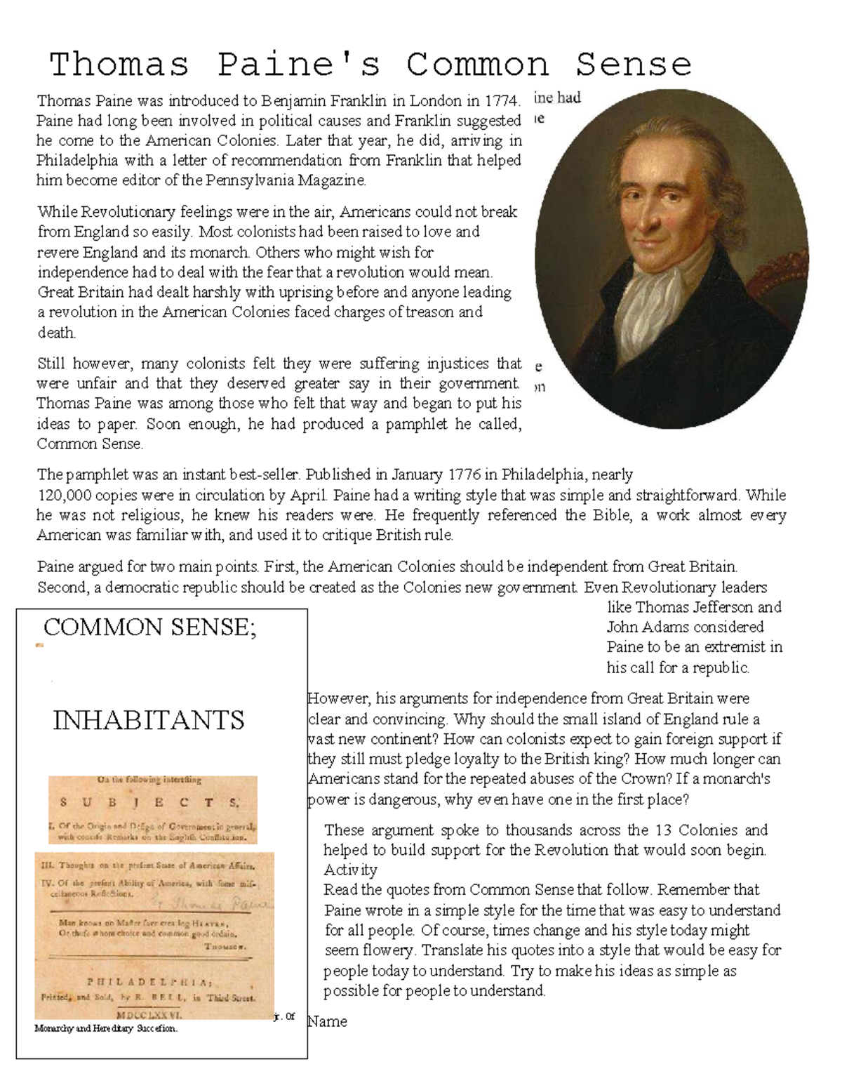 04 - Thomas Paine's Common Sense: A Call for Independence - Studocu
