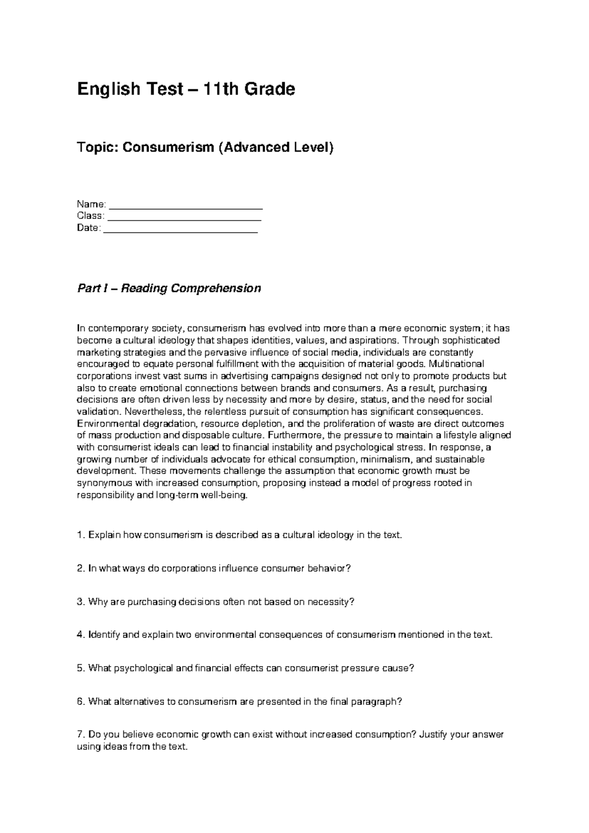 Consumerism Test 11th Grade (Advanced Level) - Studocu