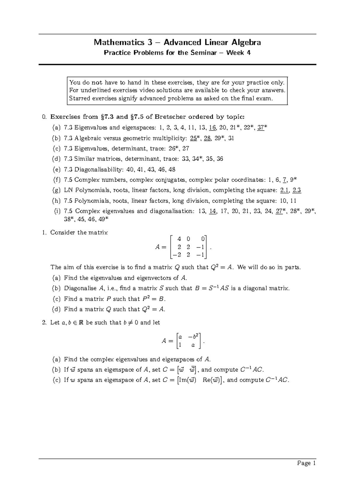 Mathematics 3: Advanced Linear Algebra Practice Problems - Seminar 4 ...