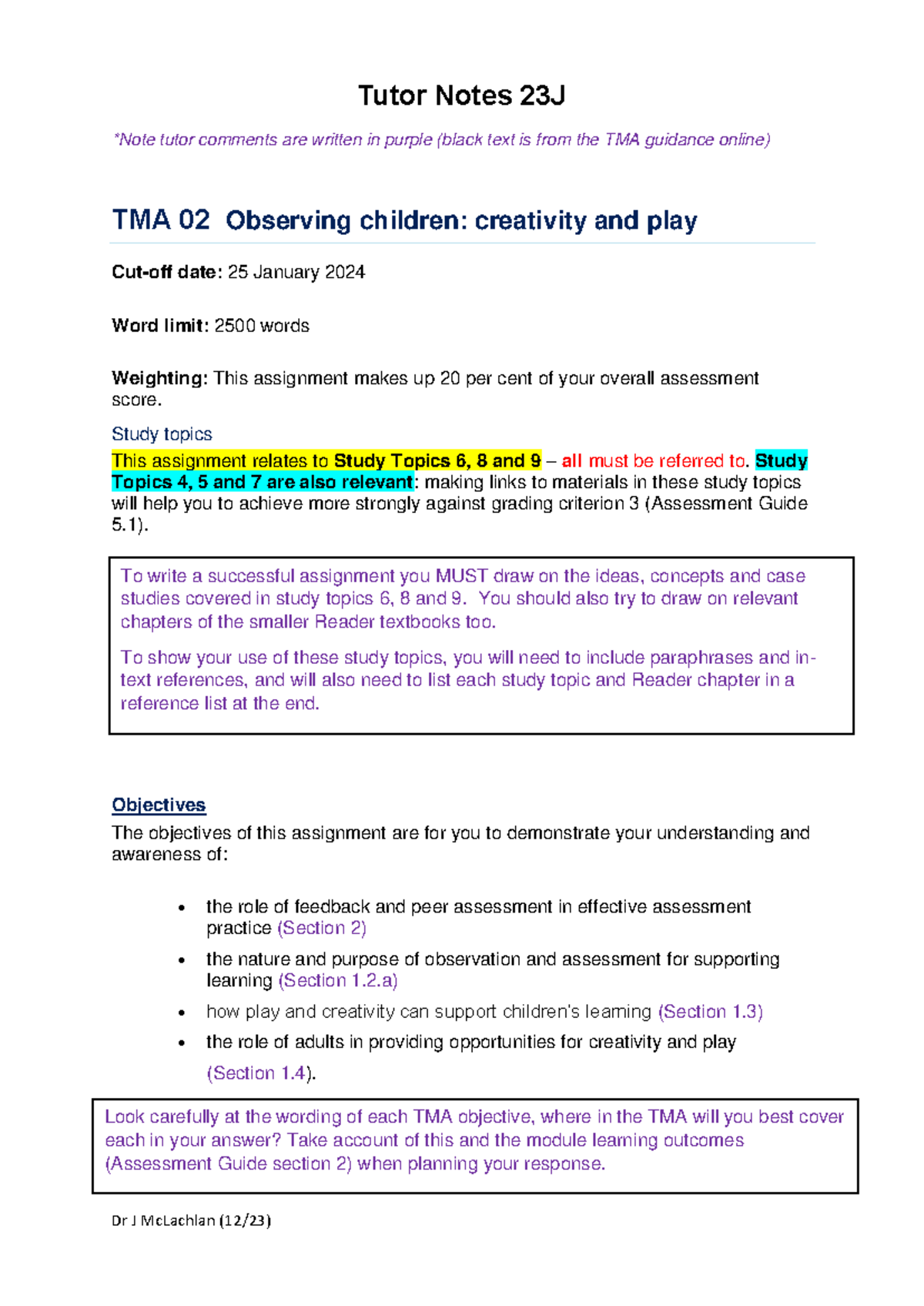 E103 TMA 2 Tutor Notes: Observing Play and Creativity in Children - Studocu