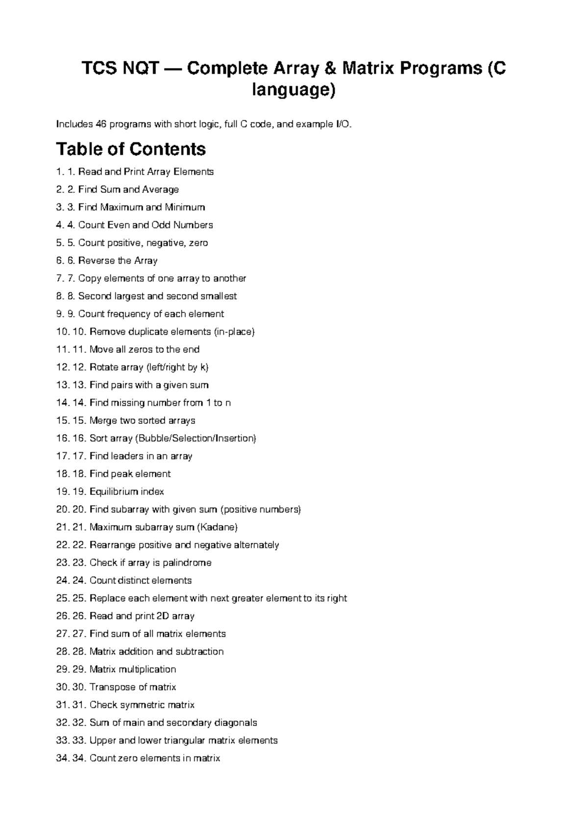 TCS NQT Complete Guide to 46 Array & Matrix Programs in C - Studocu
