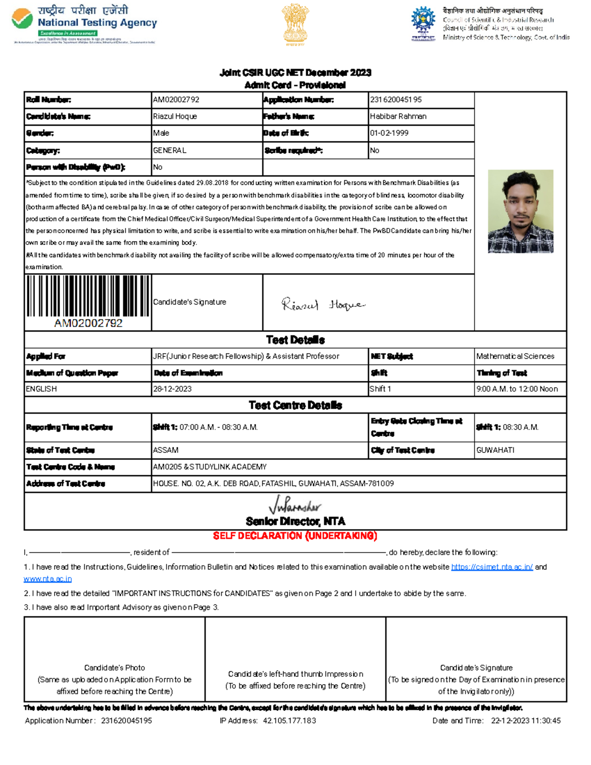 Joint CSIR UGC NET December 2023 - Admit Card & Instructions - Studocu