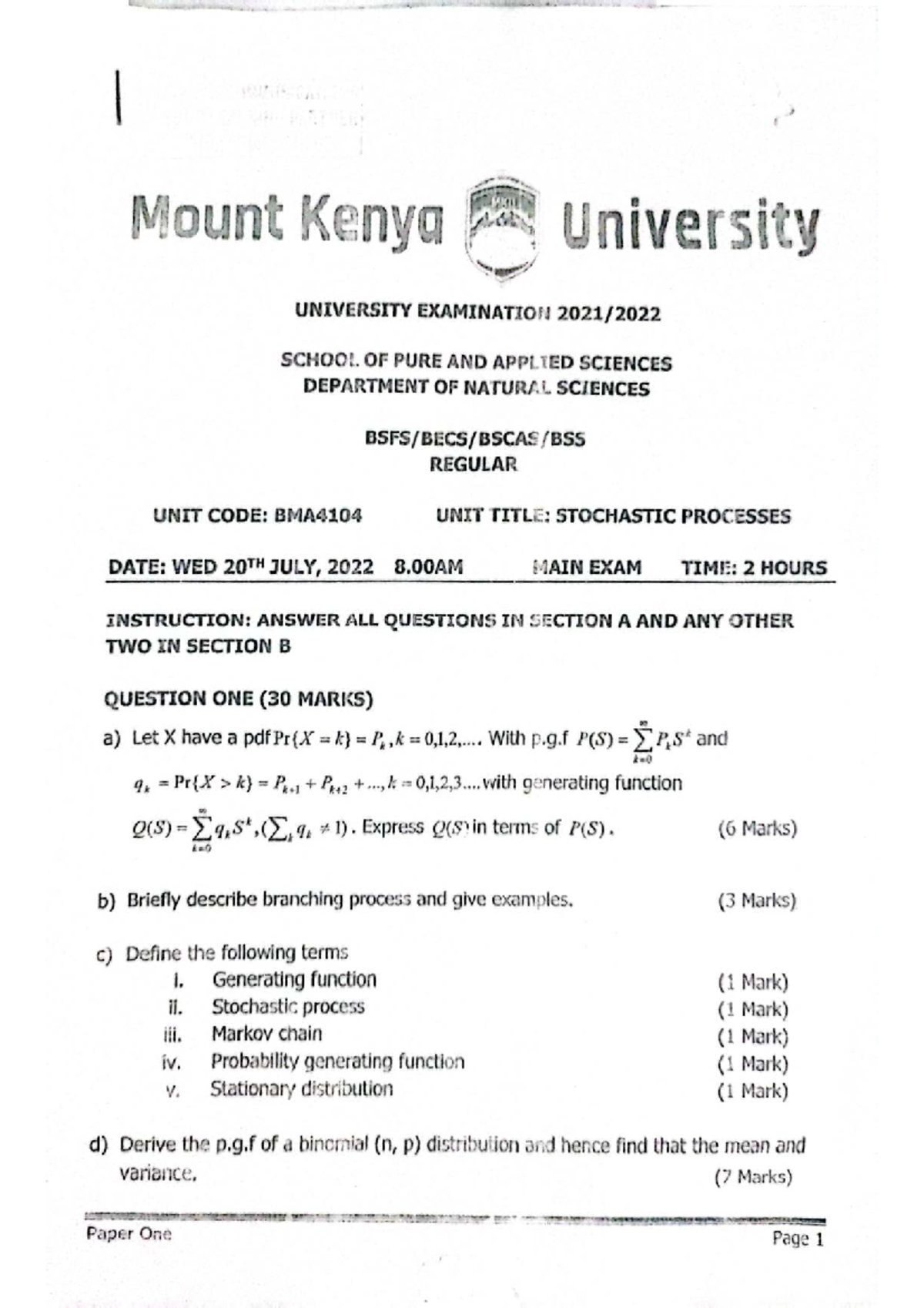 Stochastic Processes Past Papers - BMA4104 MKU Final Exam Insights ...