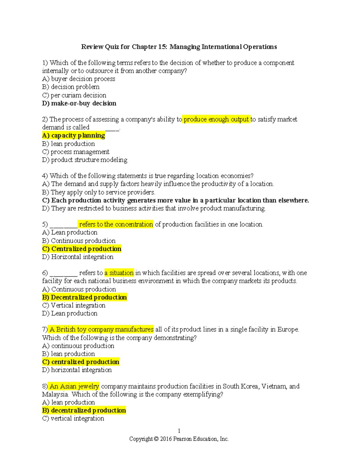 Review Quiz for Chapter 15: Managing Int'l Operations - Studocu