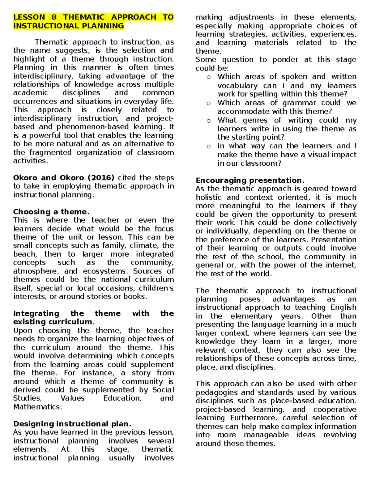 Lesson 8: Thematic Approach to Instructional Planning in Education ...