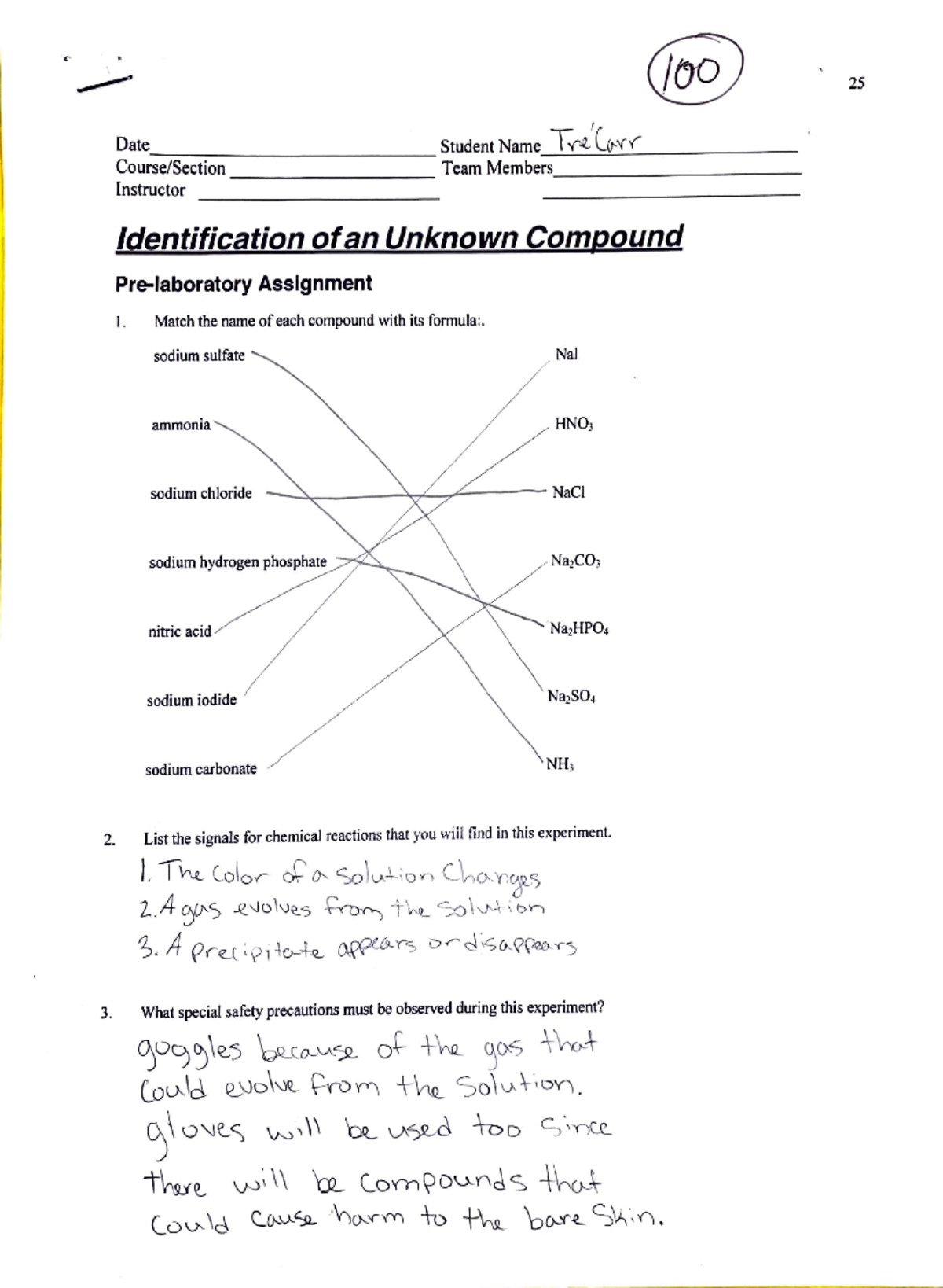 Identification of an Unknown Compound in Chemistry Lab (CHEM 100) - Studocu