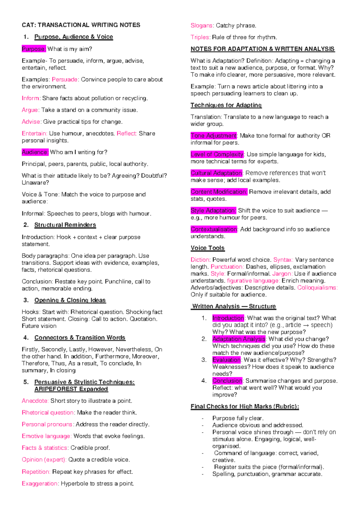 CAT: Transactional Writing Notes & Adaptation Techniques - Studocu