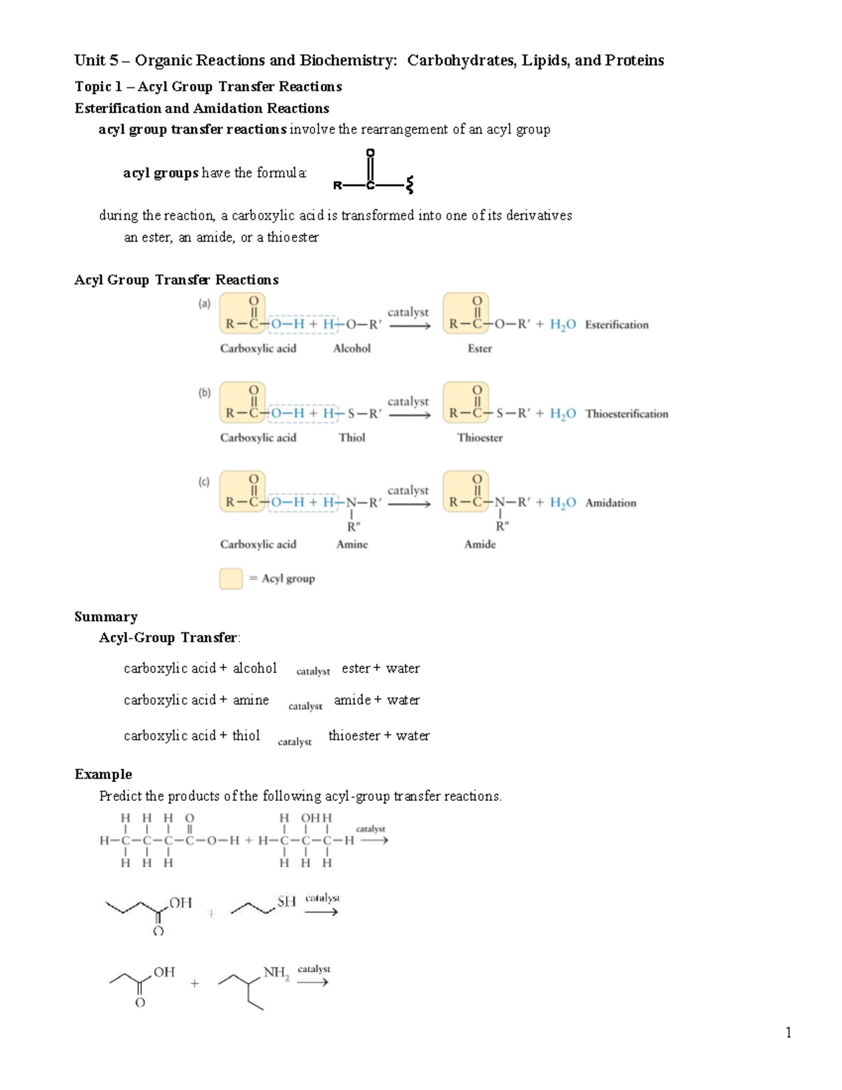 Unit 5: Organic Reactions & Biochemistry - Acyl Transfer, Hydrolysis ...