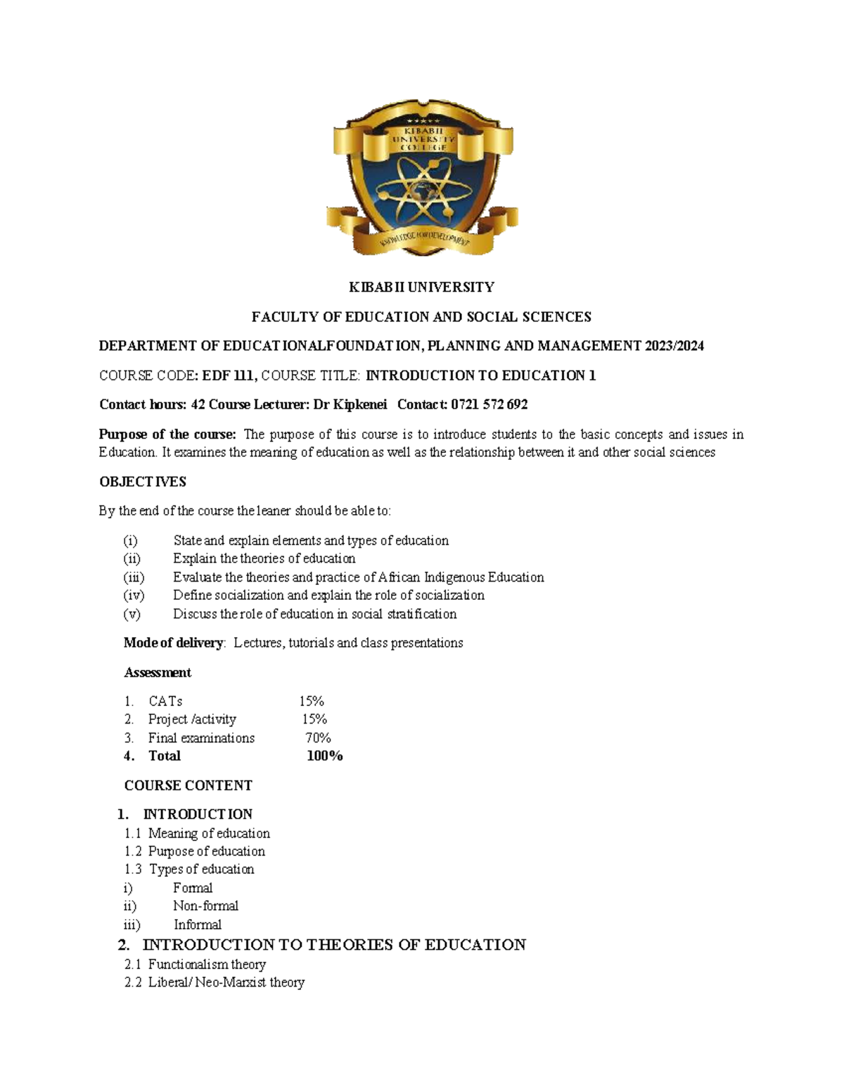 EDF 111 Introduction to Education Course Outline 2024 - Studocu