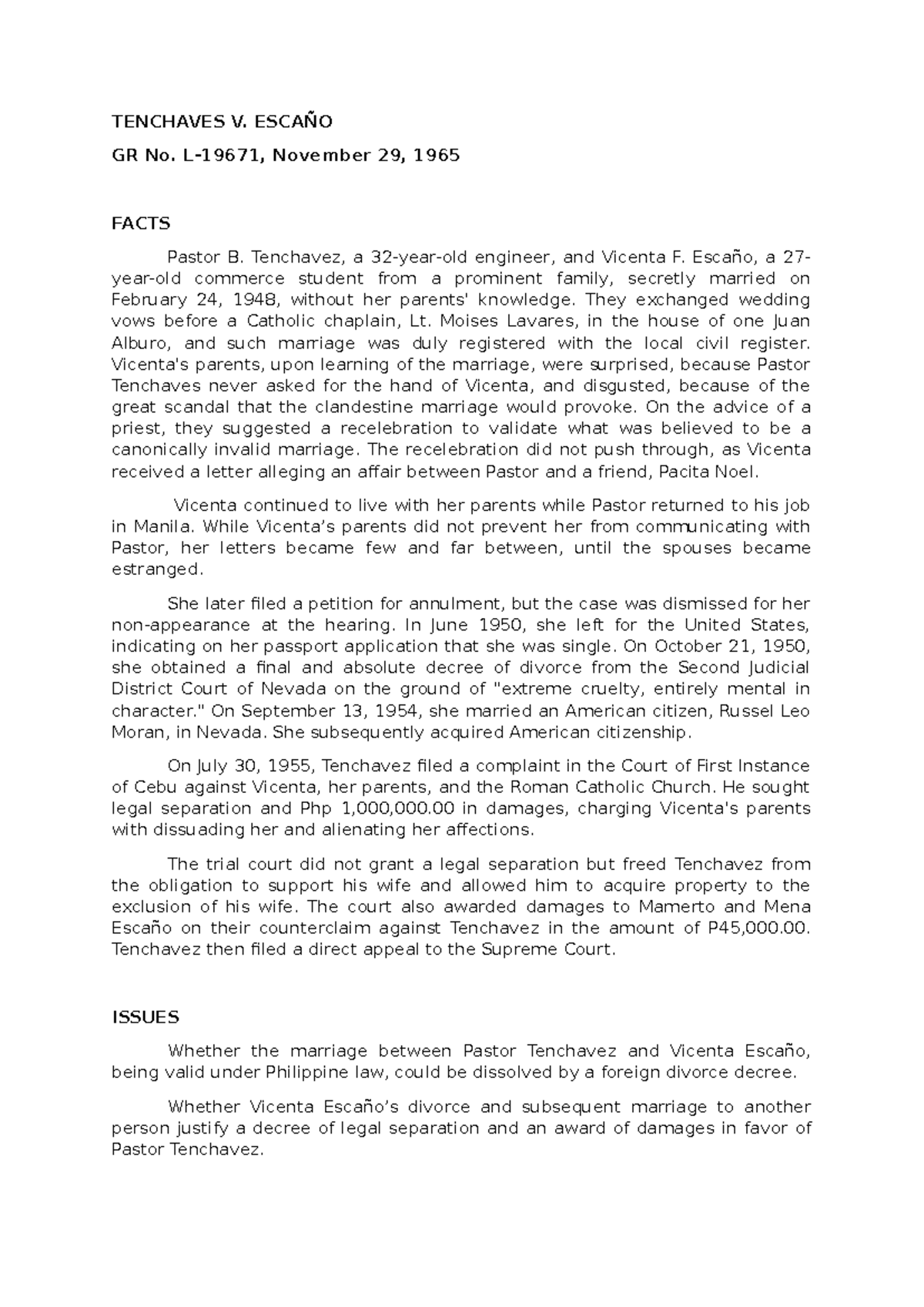 Tenchavez v. Escaño - Case Digest (GR No. L-19671, Nov 29, 1965) - Studocu