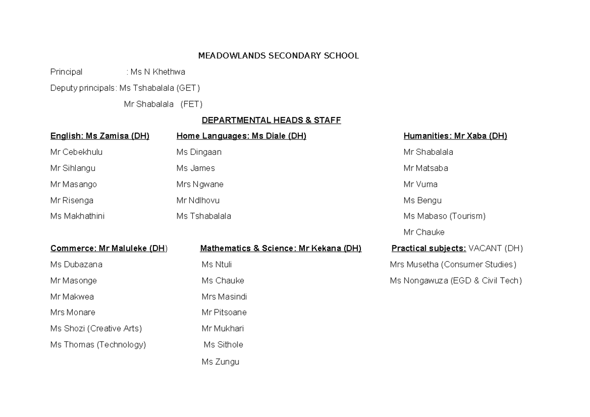 MEADOWLANDS SECONDARY SCHOOL Staff Directory & Notes - Studocu