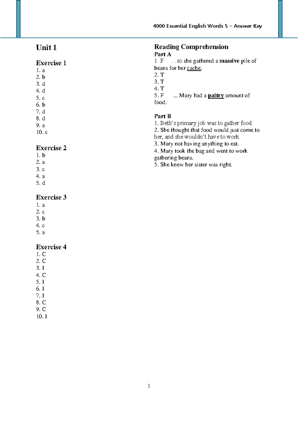 Essential English Words 5 Answer Key: Reading Comprehension Units 1-20 ...