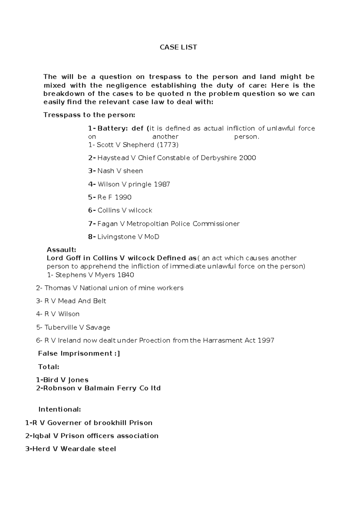 TORT 101: Case List for Trespass & Negligence - Compulsory Question 1 ...