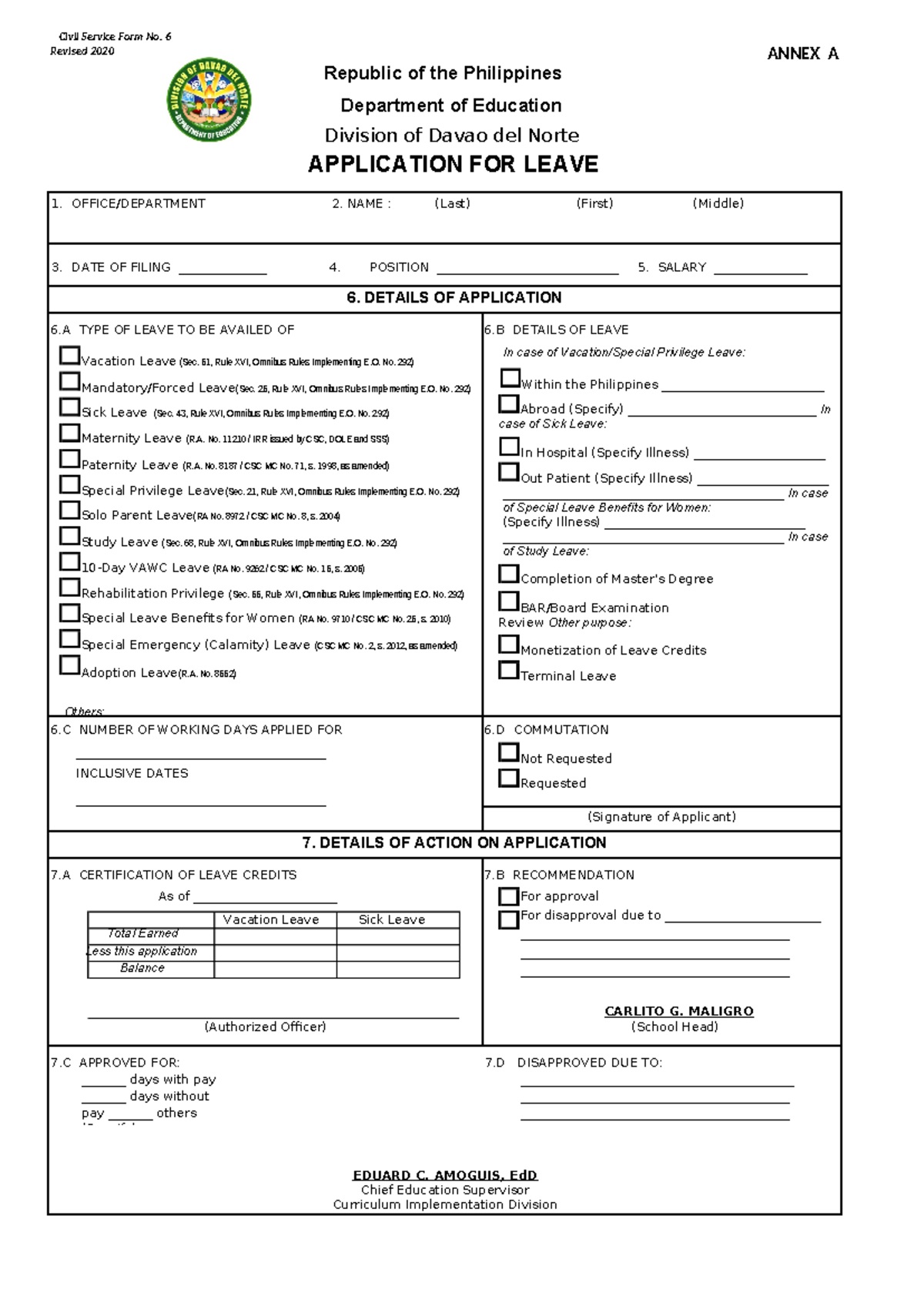 Application for Leave Form - Teachers & School Staff (Civil Service ...
