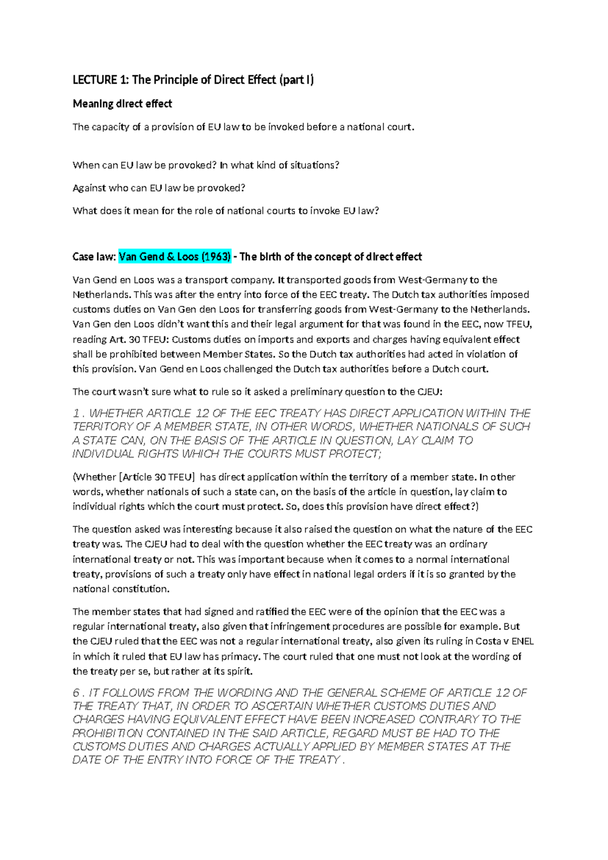 LECTURE 1: The Principle of Direct Effect in EU Law (Part I) - Studeersnel
