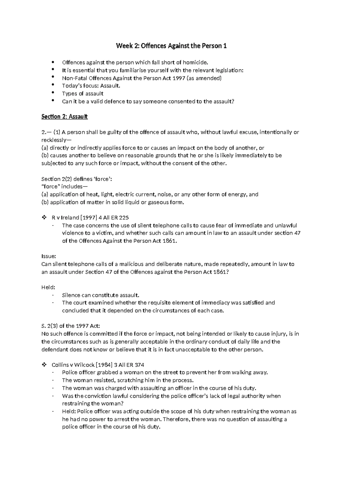 Non-Fatal Offences Against the Person: Key Points from 1997 Act - Studocu