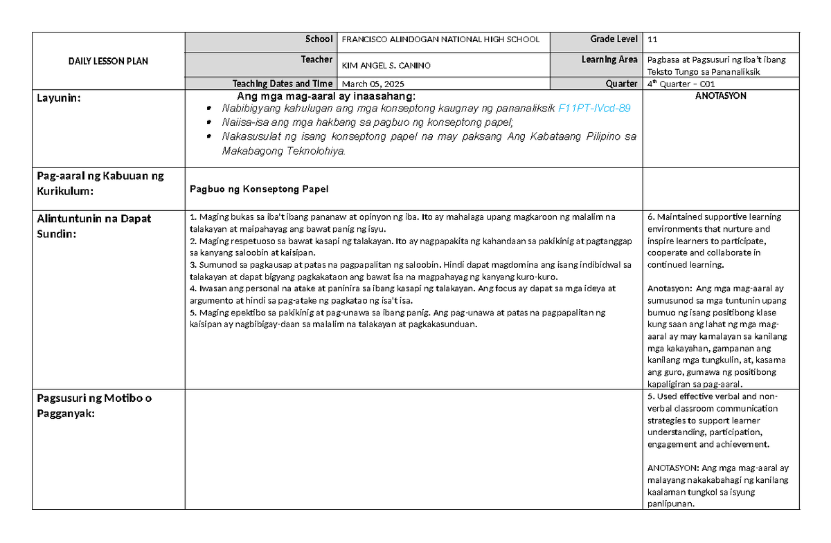 C01 Daily Lesson Plan: Konseptong Papel sa Pagbasa at Pagsusuri - Studocu