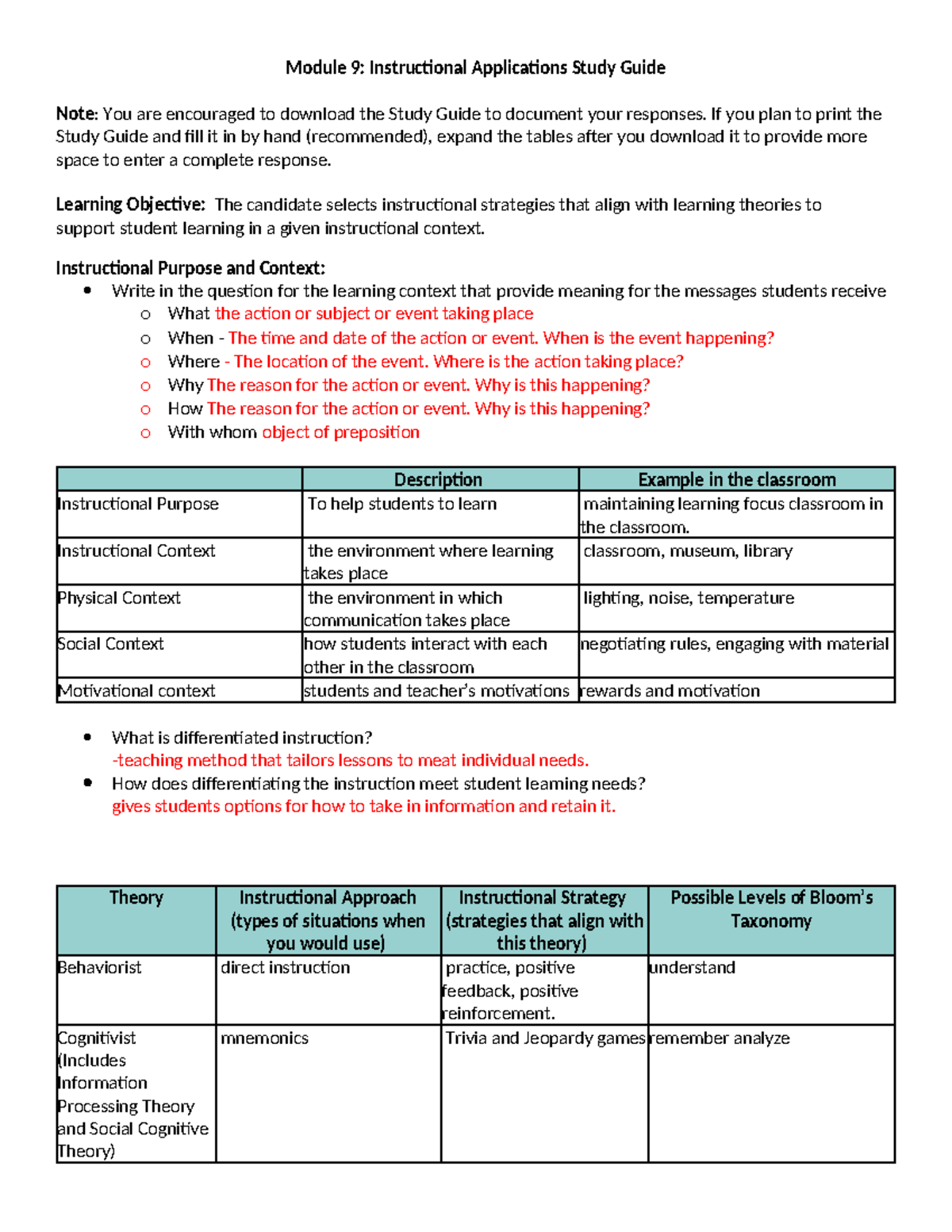 Module 9: Instructional Applications Study Guide and Strategies ...