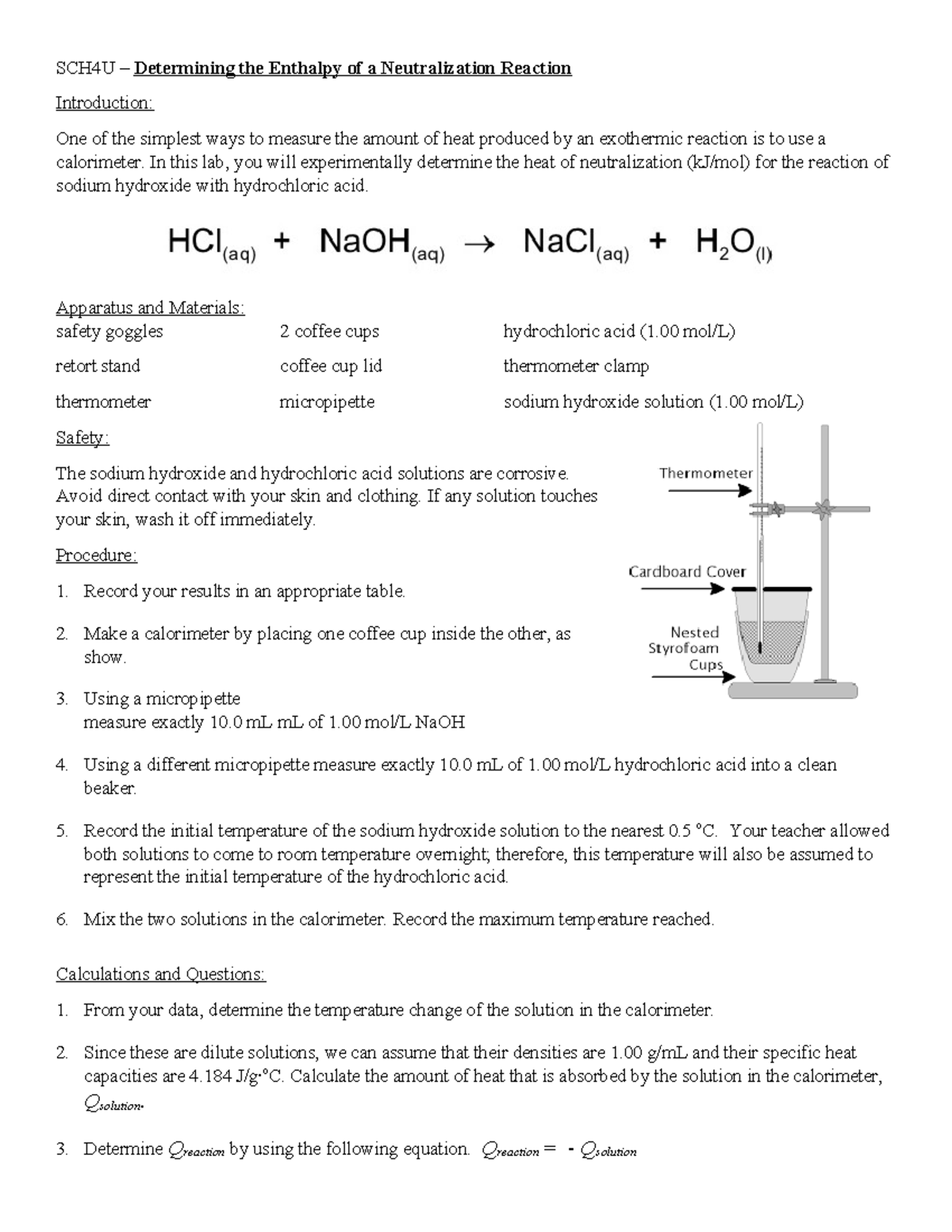 SCH4U Lab: Enthalpy of Neutralization Reaction Using Calorimetry - Studocu