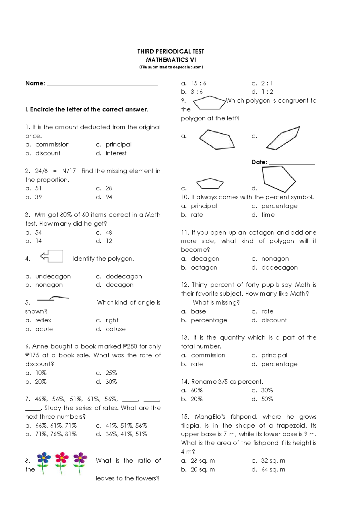 PT Mathematics VI Q3 - Practice Test - Studocu