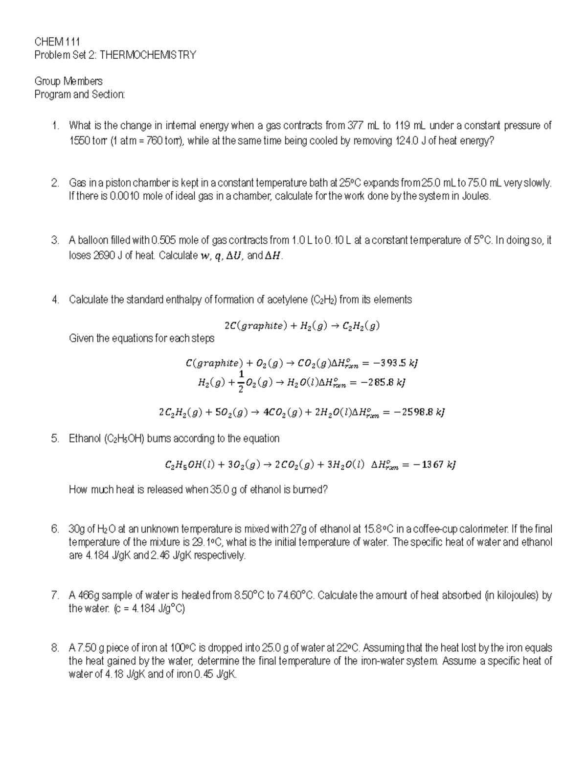 CHEM 111: Problem Set 2 - Thermochemistry Concepts and Calculations ...