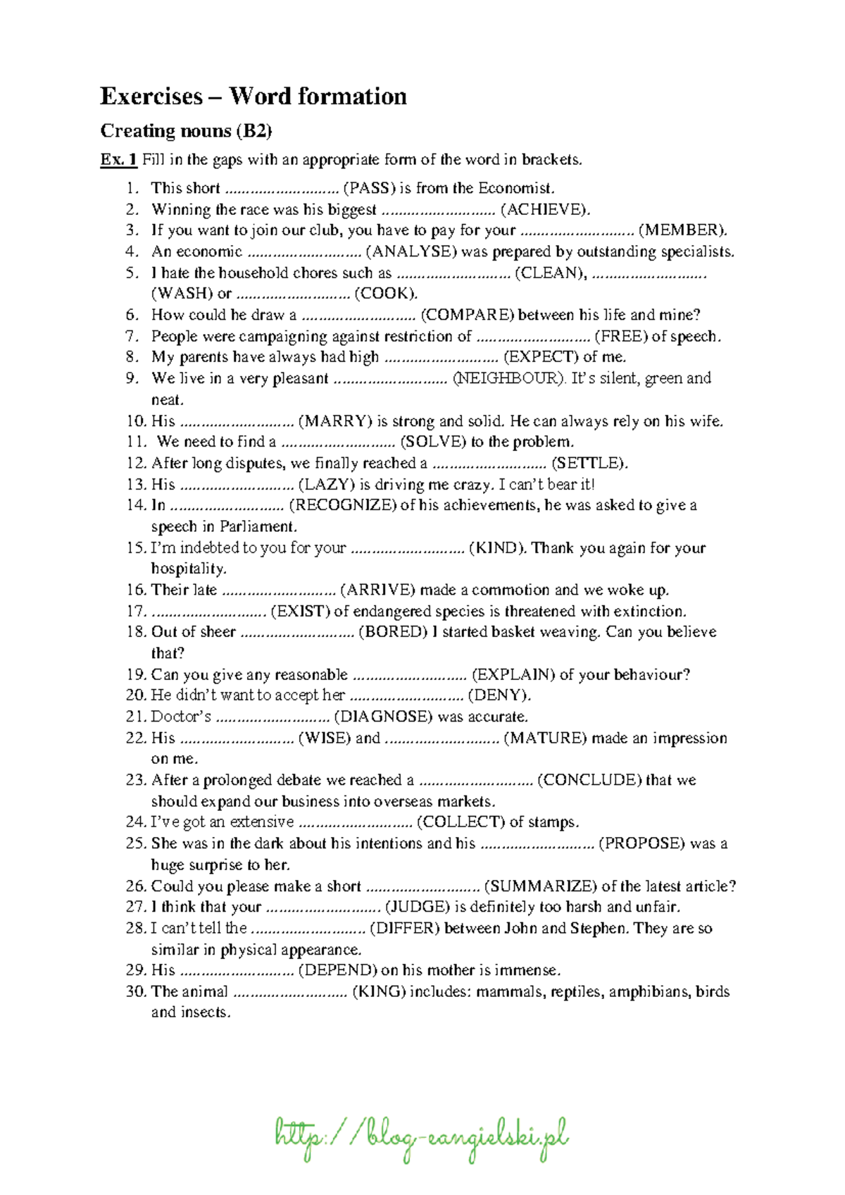 Word Formation Exercises: Nouns (B2) - Fill in the Gaps - Studocu