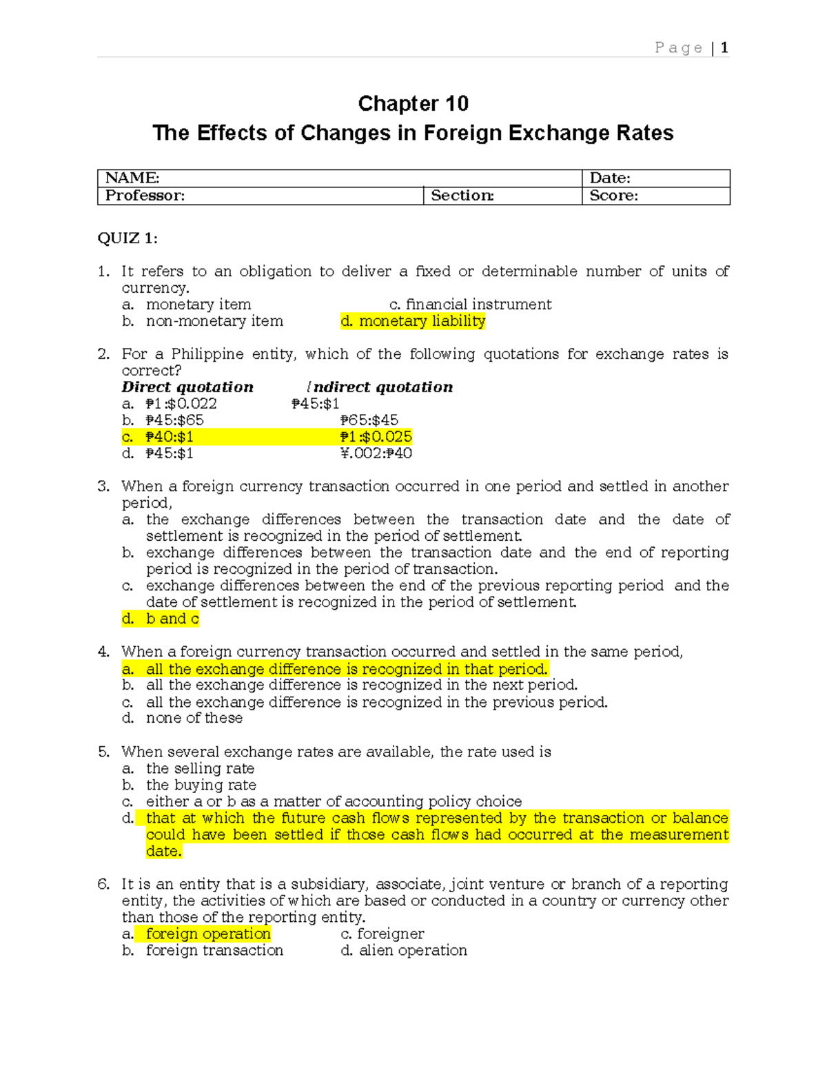 Chapter 10: Effects of Changes in Foreign Exchange Rates - Quiz 1 - Studocu