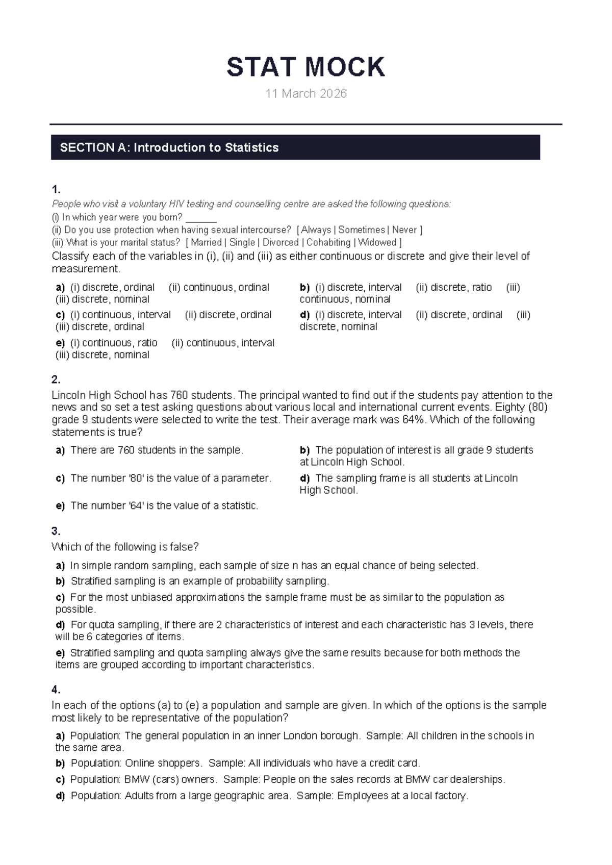 STAT Mock Test 2026: Introduction to Statistics & Probability - Studocu