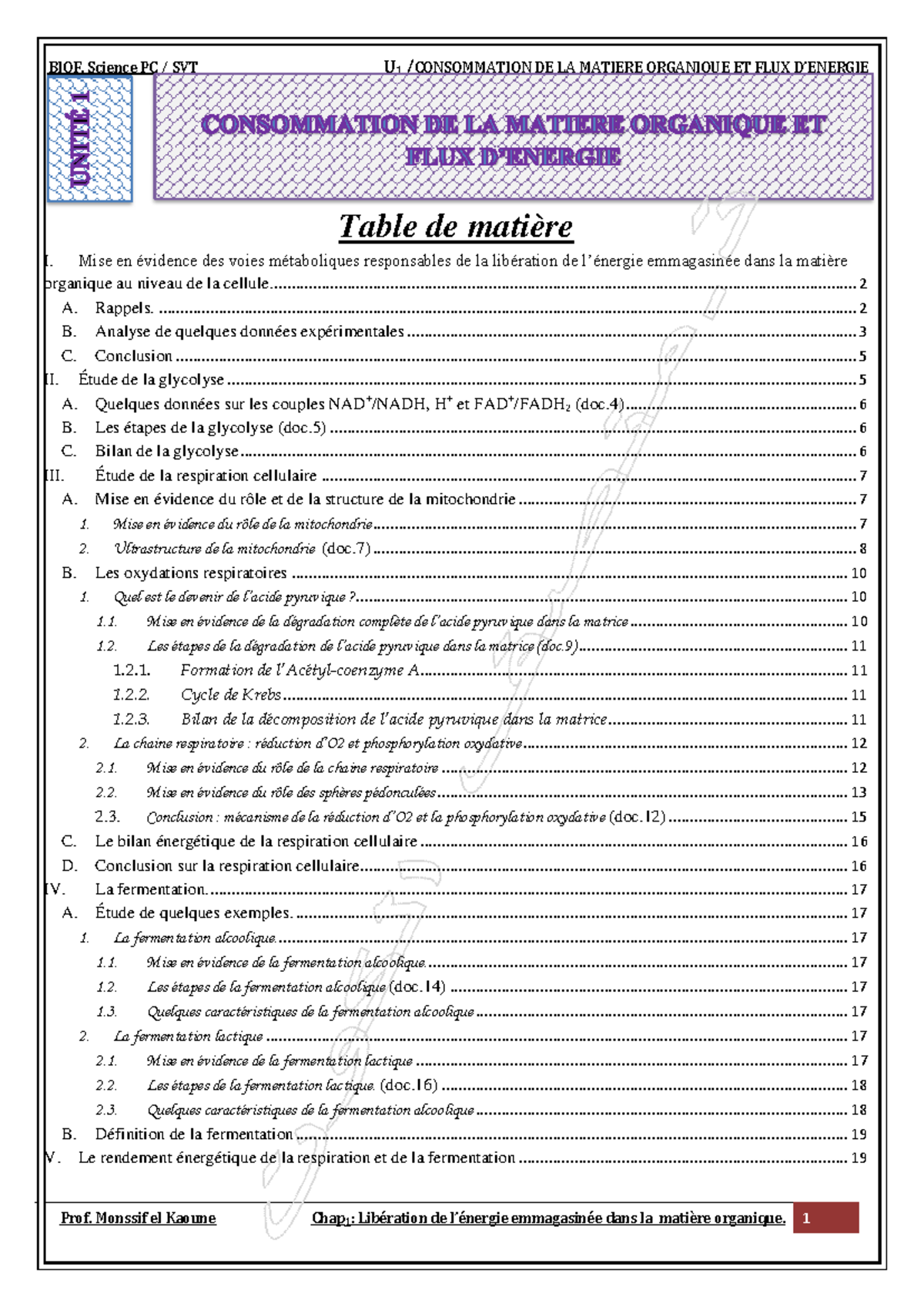 BIOF. Science PC SVT U1 Cours 1: Libération de l'Énergie dans la ...