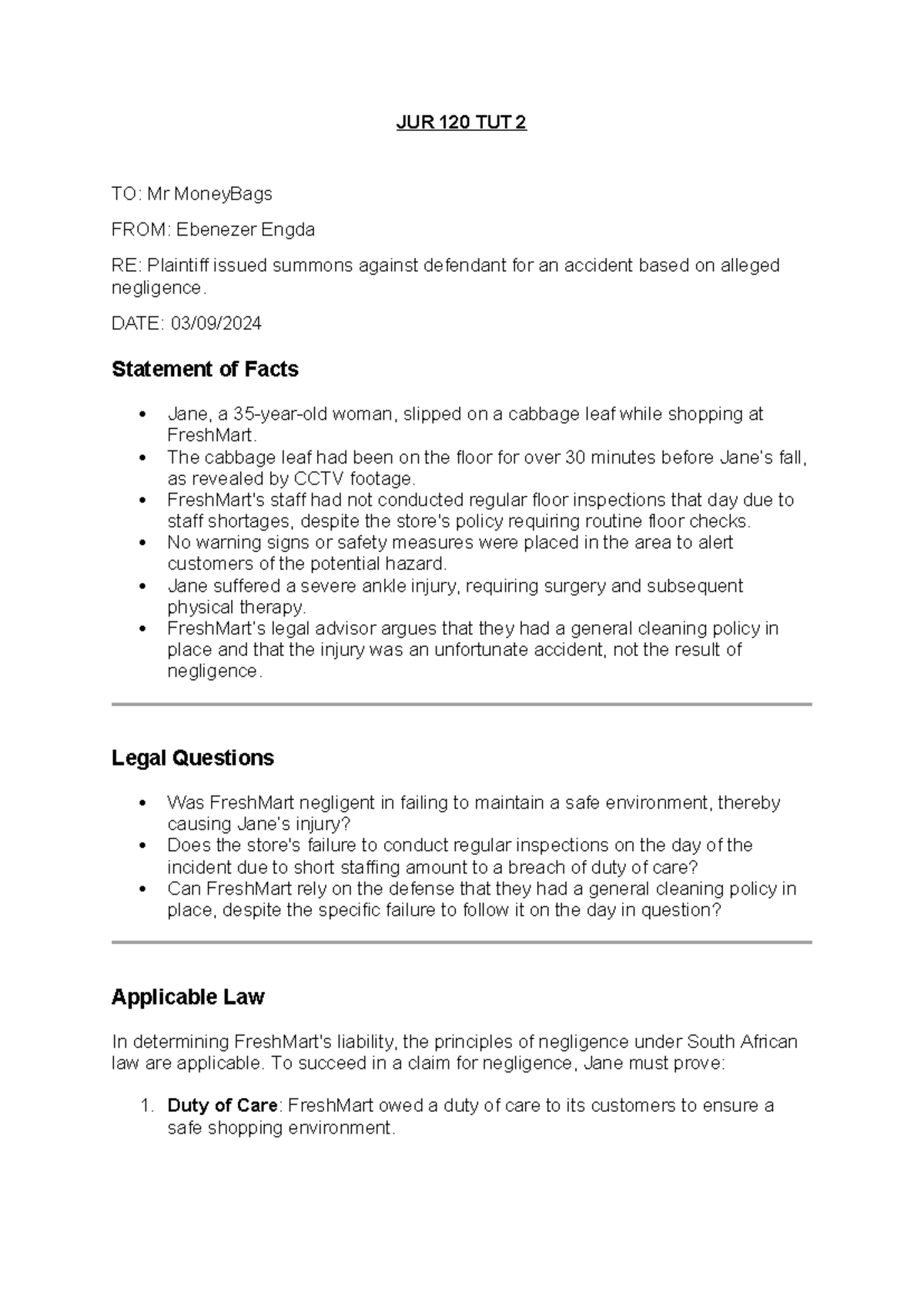 JUR 120 TUT 2 - tut 2 worksheet - JUR 120 TUT 2 TO: Mr MoneyBags FROM ...