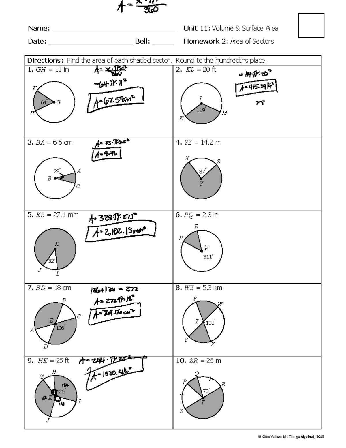 Unit 11: Volume & Surface Area - HW 2: Area of Sectors - Studocu