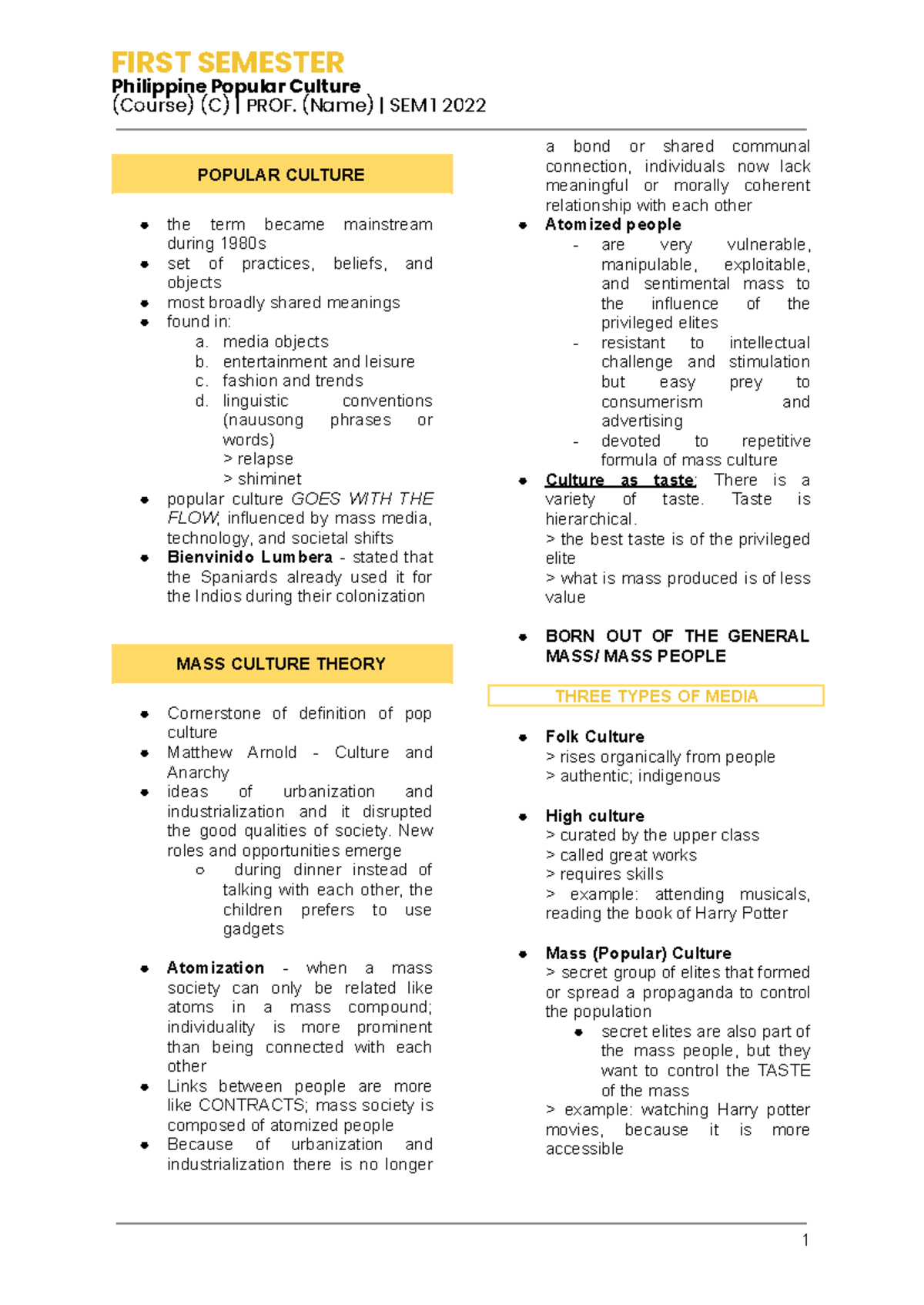 PPC 101 - Notes on Philippine Popular Culture (1st Sem 2022) - Studocu