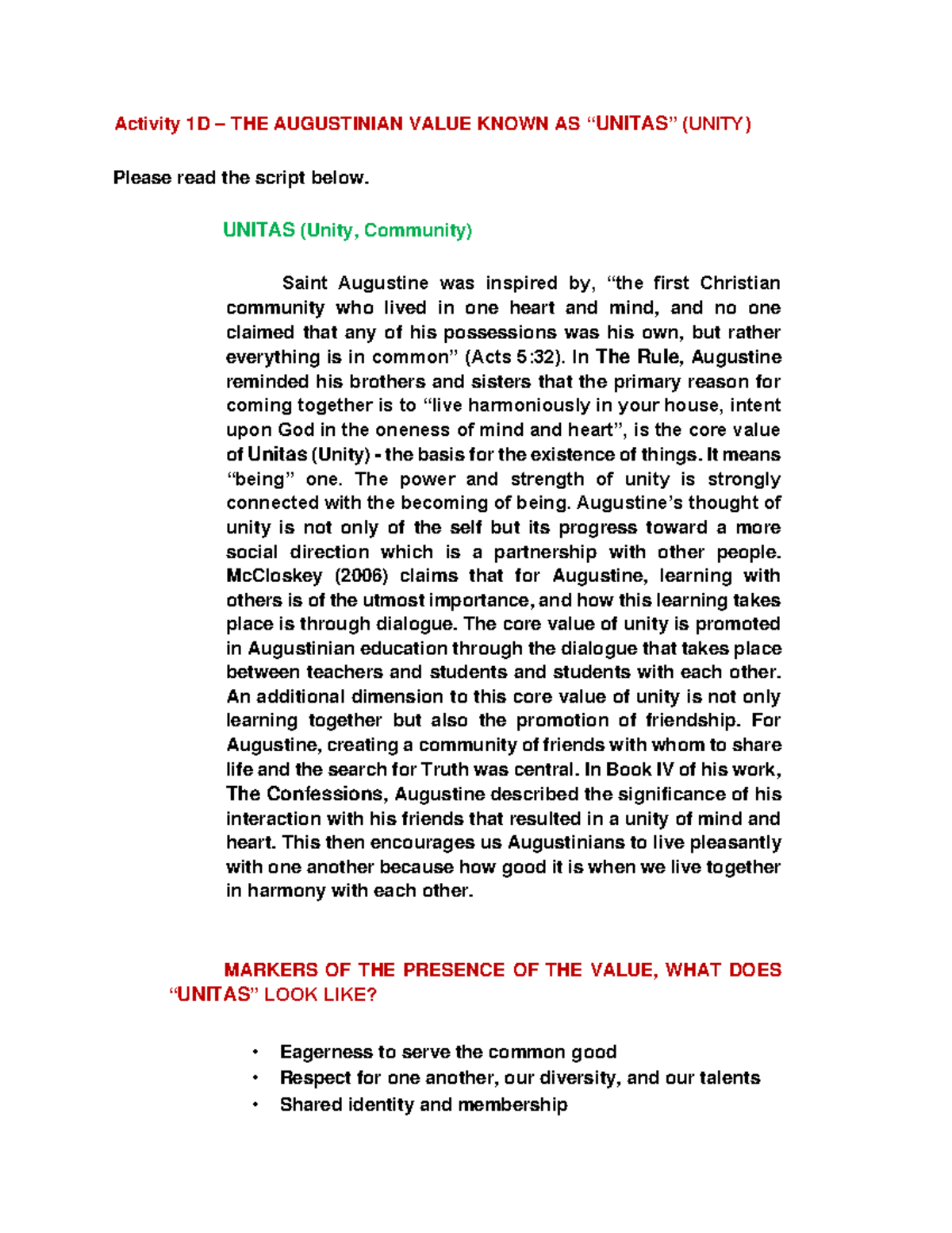 M5 Activity 1D Unitas - Activity 1D – THE AUGUSTINIAN VALUE KNOWN AS ...