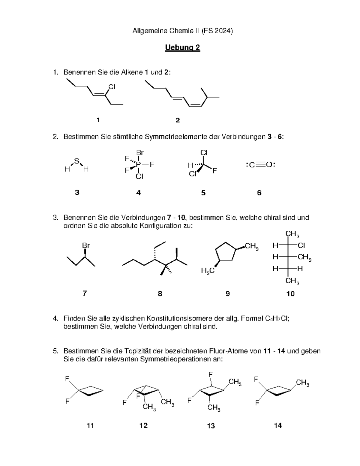 Allgemeine Chemie II (FS 2024) Übung 2: Alkene und Symmetrieelemente ...