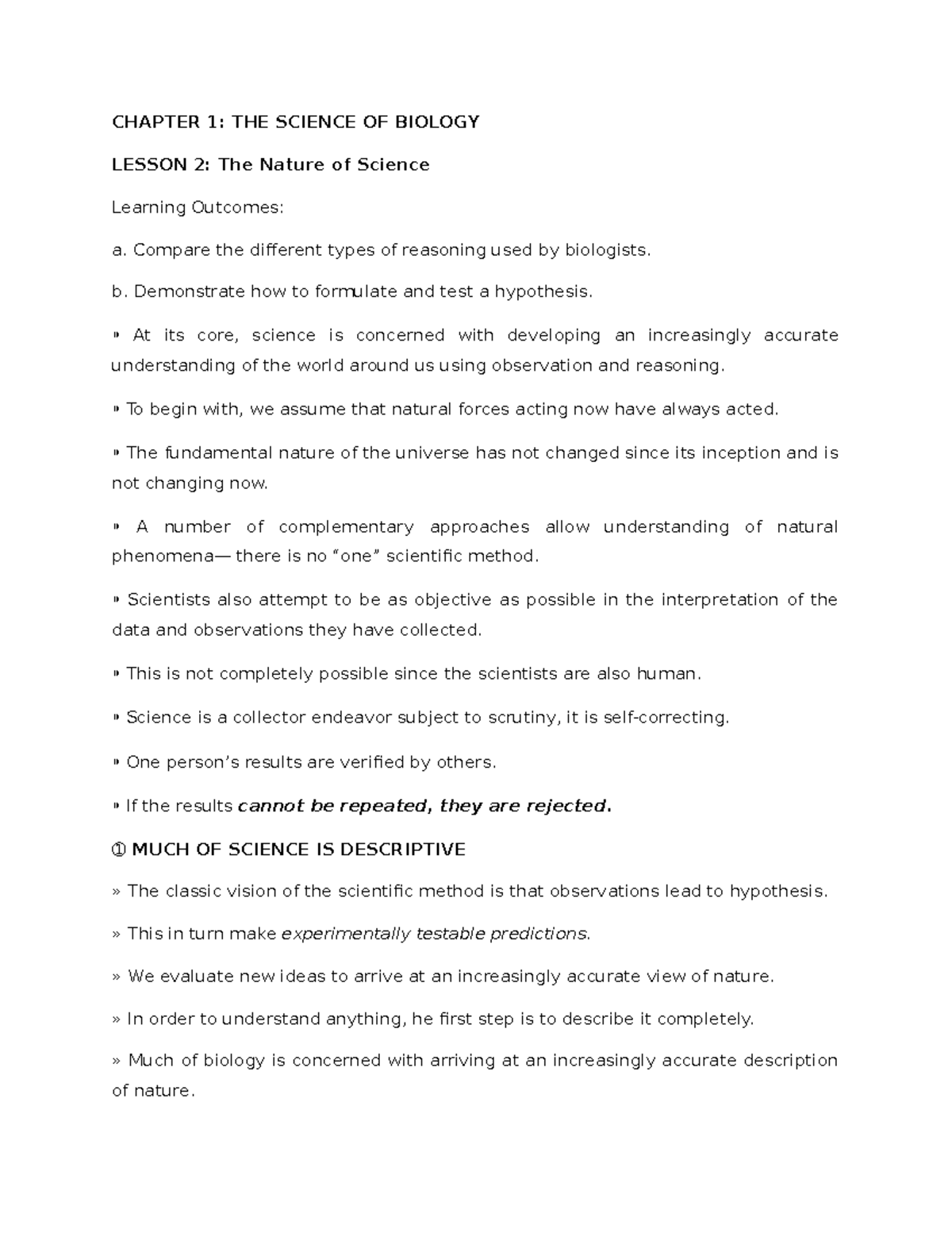 Biology 101 - The Nature of Science Lecture Notes and Key Concepts ...