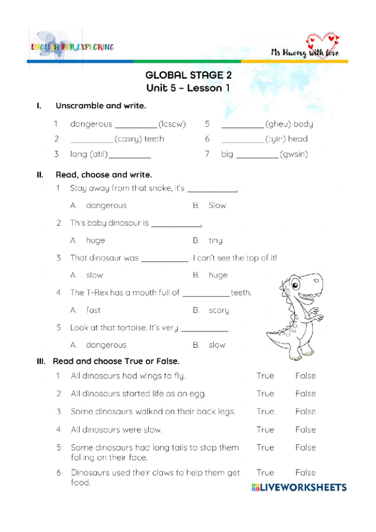 GLOBAL STAGE 2 Unit 5 Lesson 1 Worksheet on Dinosaurs - Studocu