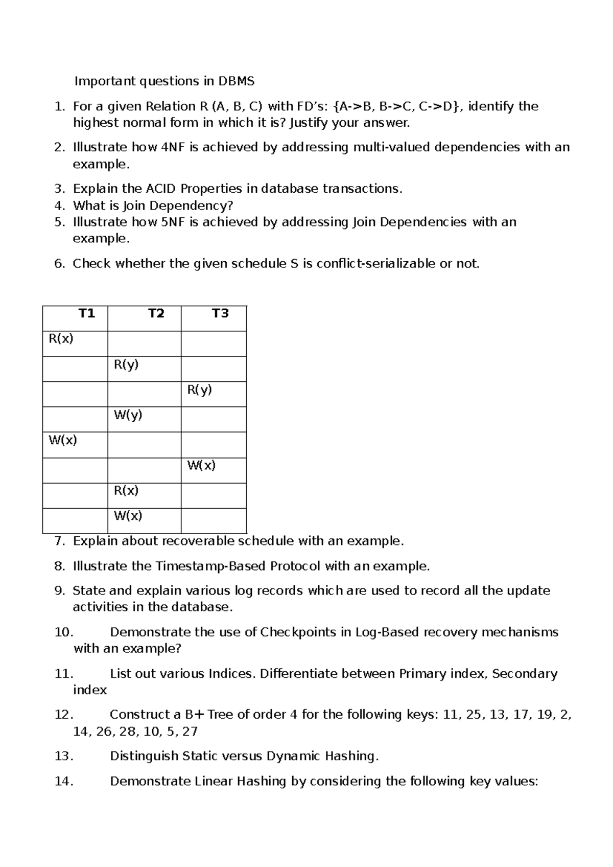 DBMS Important Questions: Key Concepts & Examples - Studocu