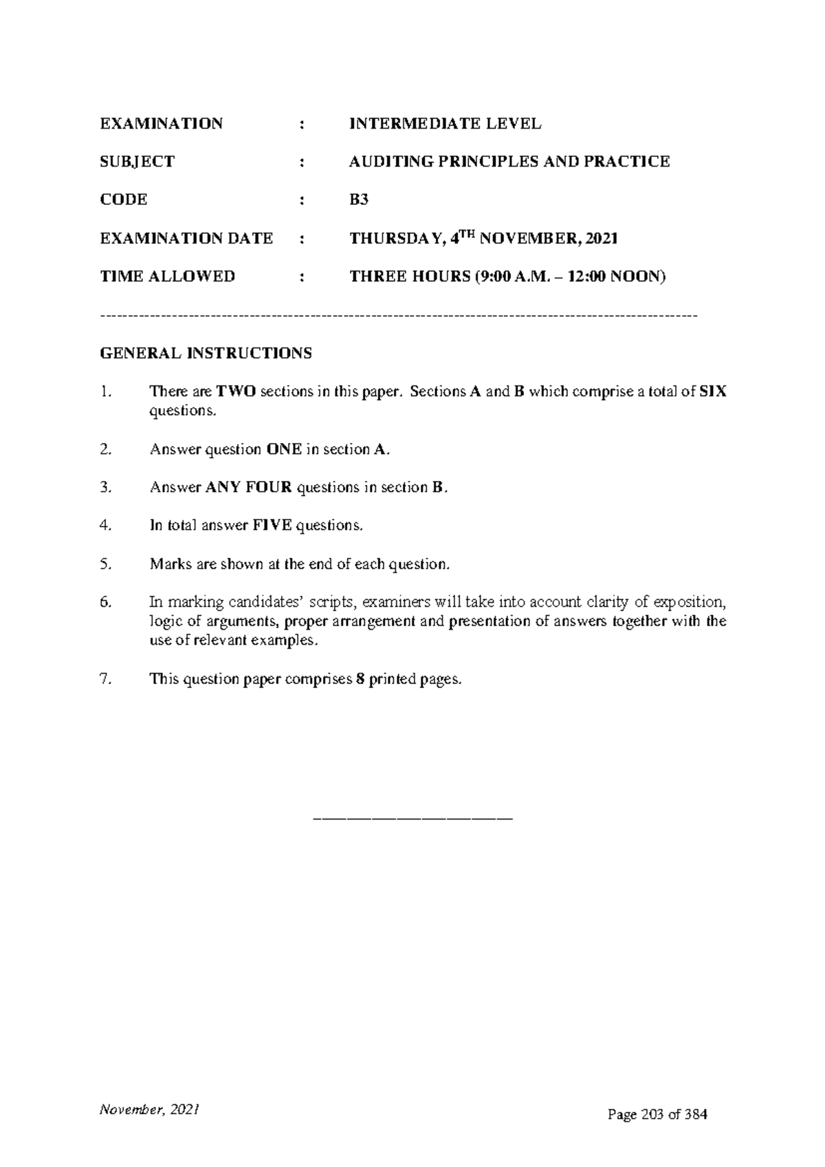 B3 - Auditing Principles & Practice: Nov 2021 Exam Paper - Studocu