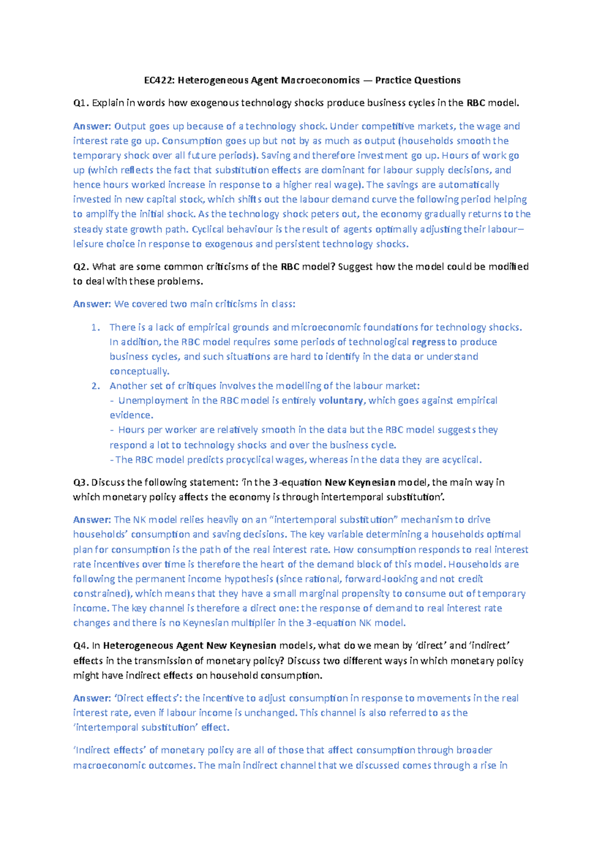 Heterogeneous agent models practice questions and answers - EC422: Heterogeneous Agent - Studocu