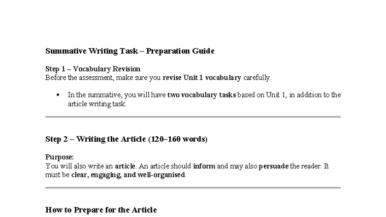 Summative 1 Writing Task Prep: Vocabulary & Article Guide - Studocu