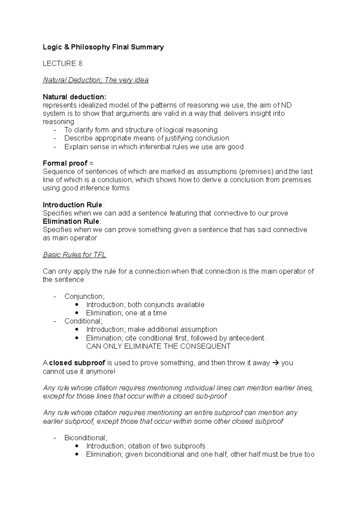 Summary Final - Natural Deduction, Proofs, TFL & FOL Rules for Logic ...