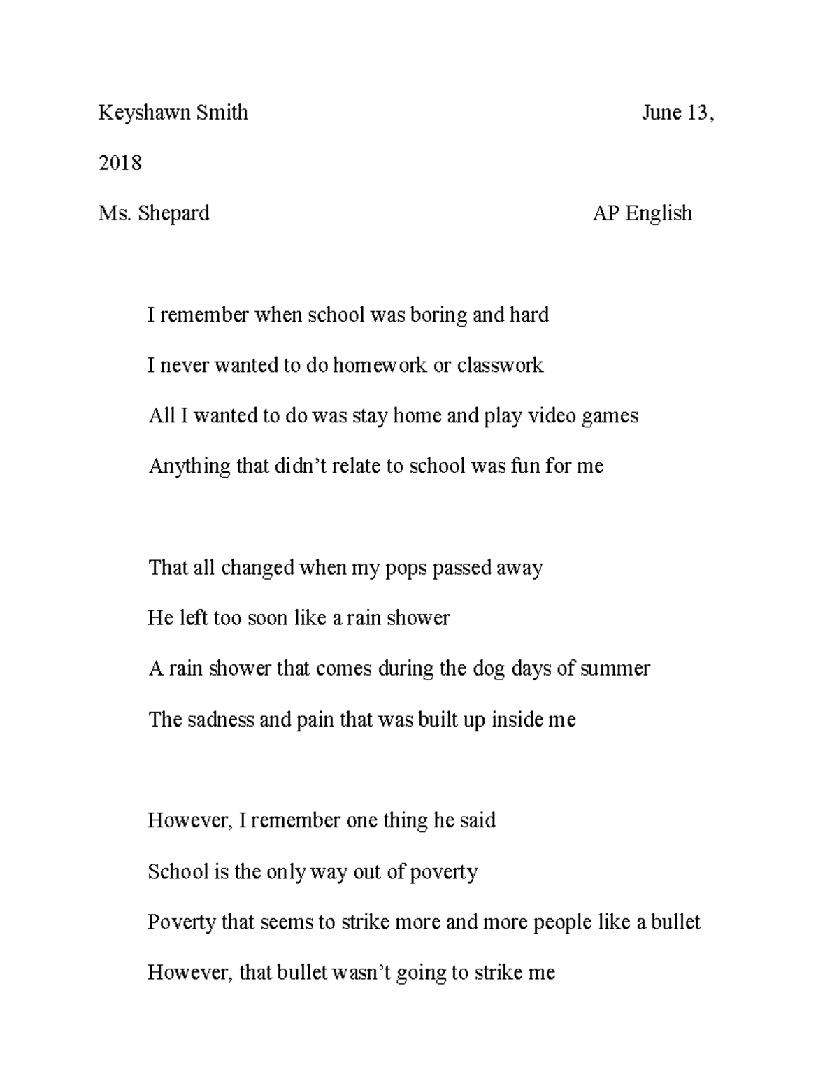 AP English Poem Analysis: Keyshawn Smith's Reflection - Studocu