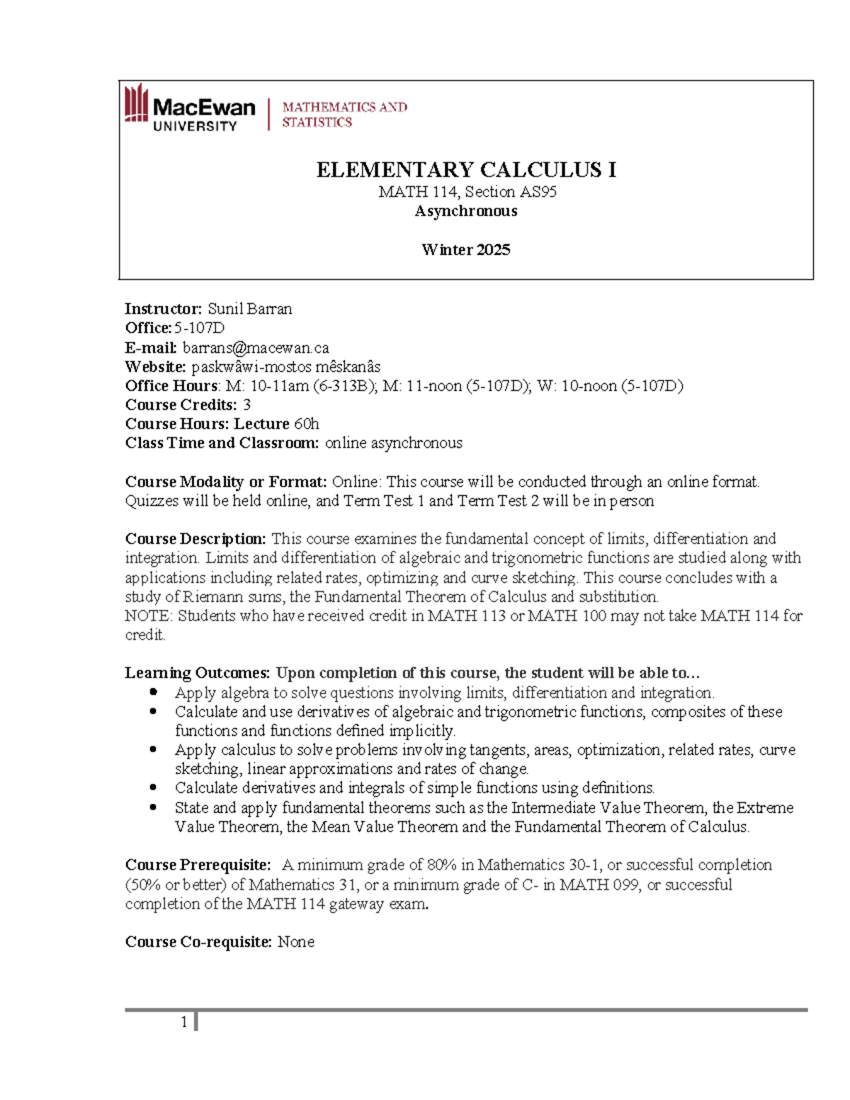 Math 114 AS95 Course Outline: Elementary Calculus I Winter 2025 - Studocu